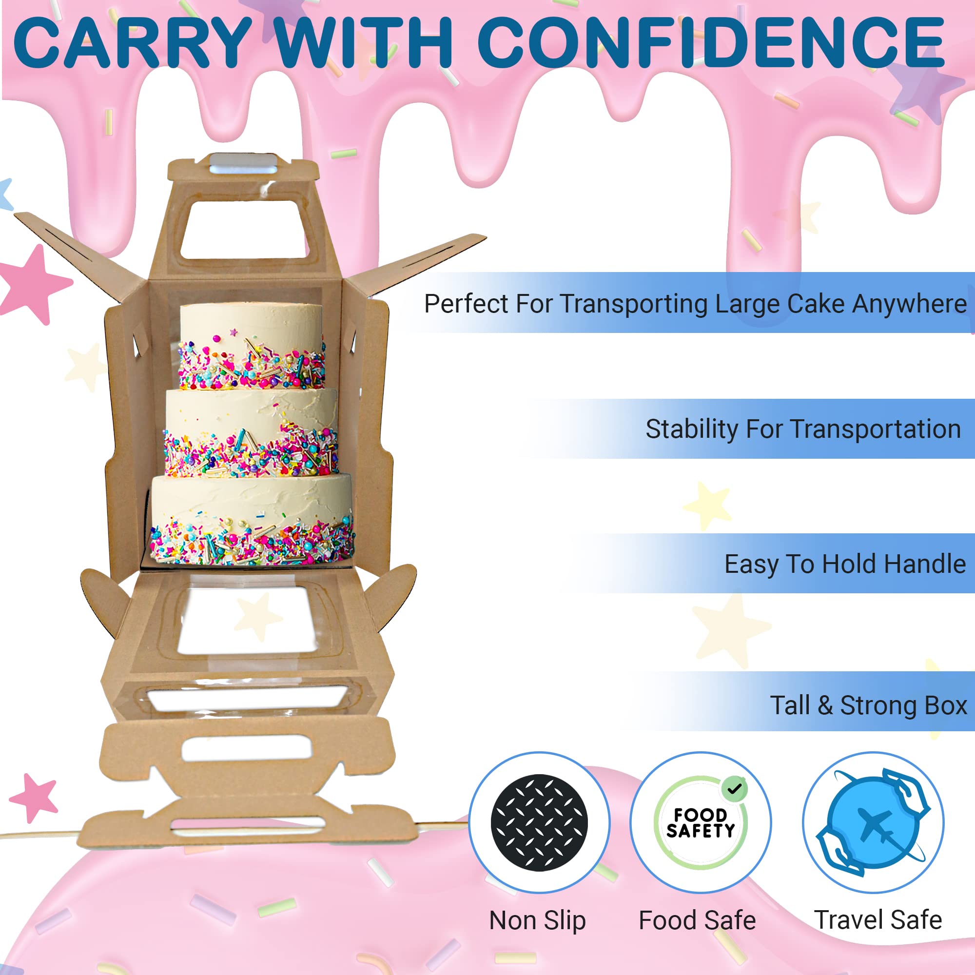 Buy Tri-Handle Tall Cake Boxes With Windows In 2 Sizes 6 Pack 10x10x12 ...