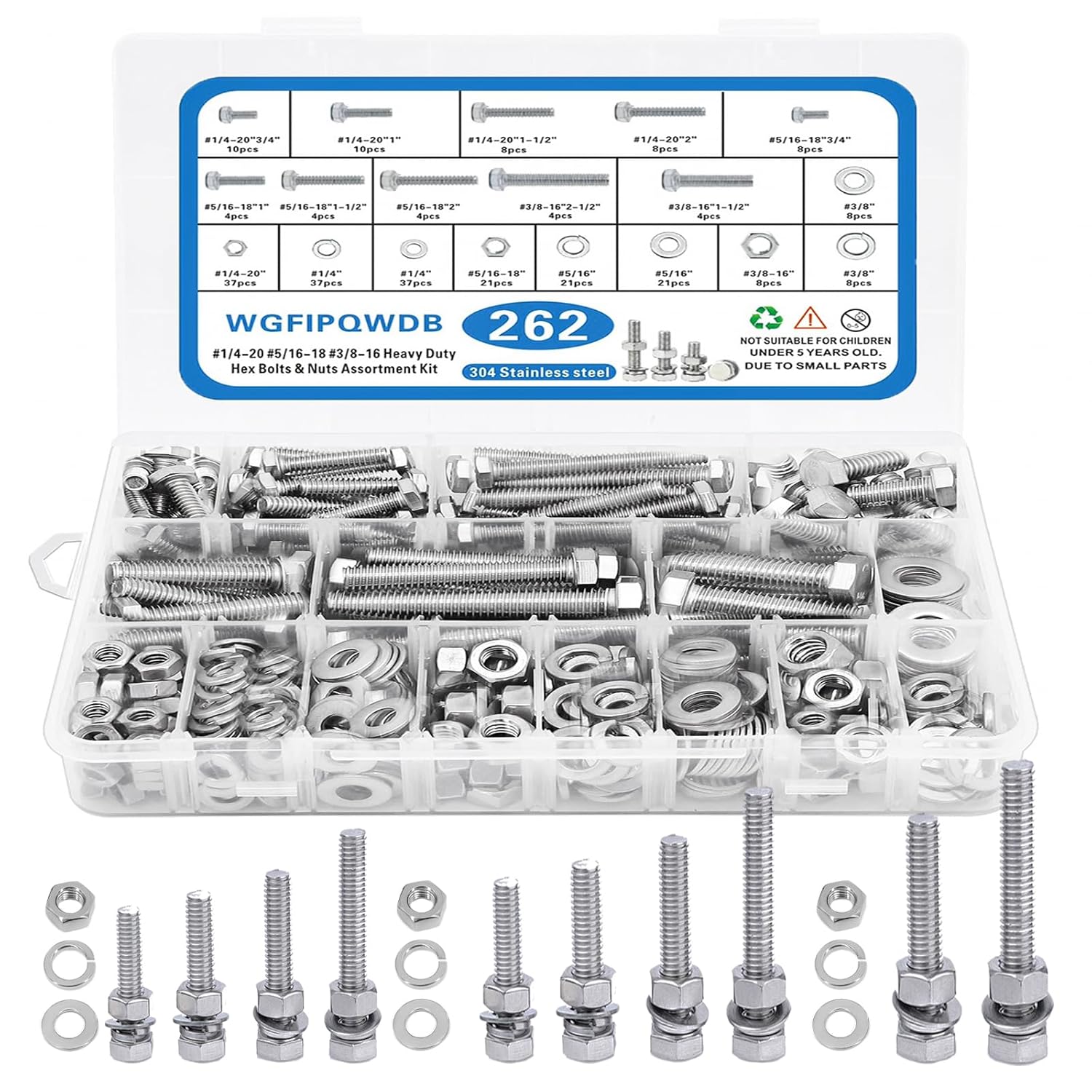 262Pcs Hex Head Bolt and Nut Assortment Kit,1/4-20, 5/16-18,3/8-16 with ...