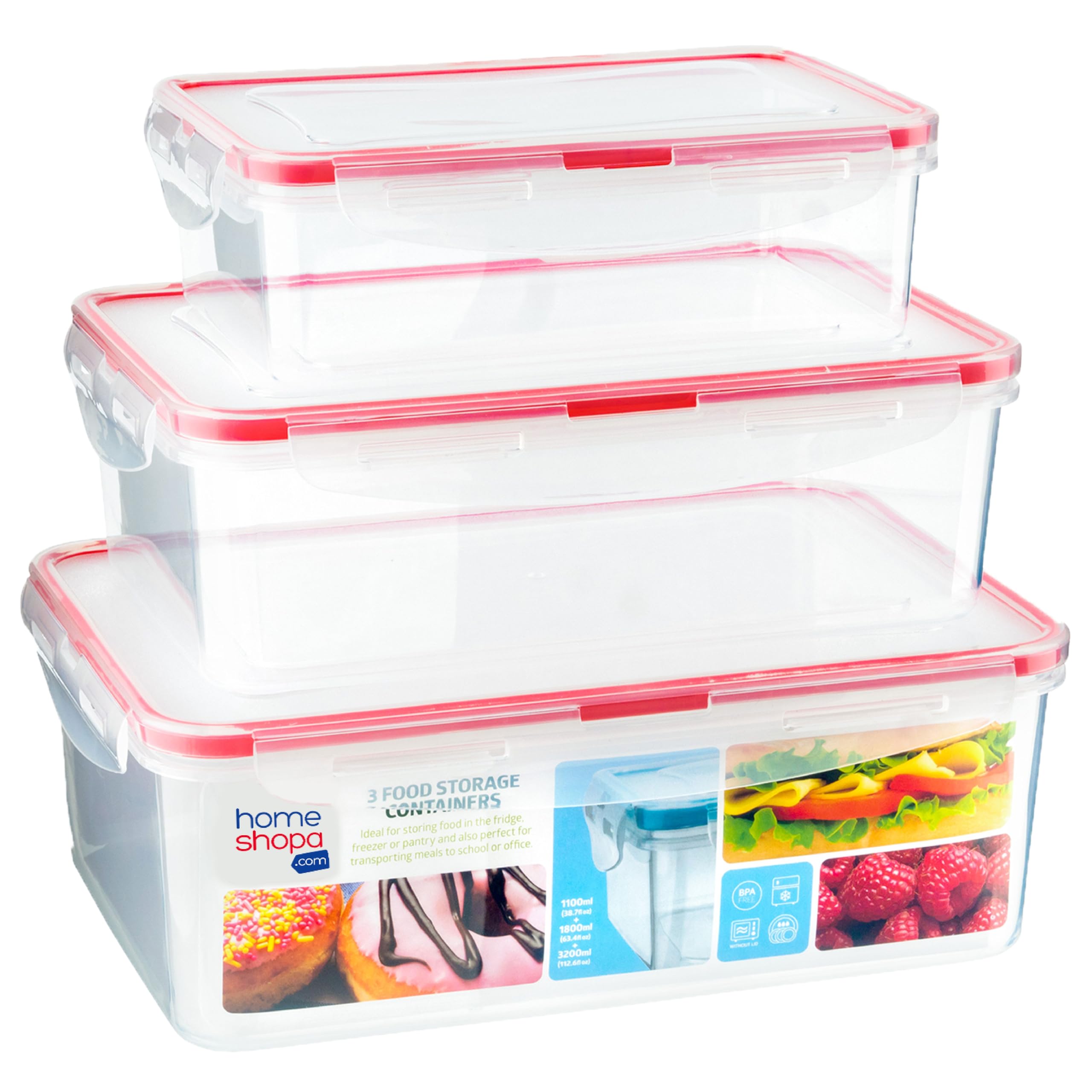 HOMESHOPA Plastic Airtight Food Storage Containers, 3 Pack Rectangle ...