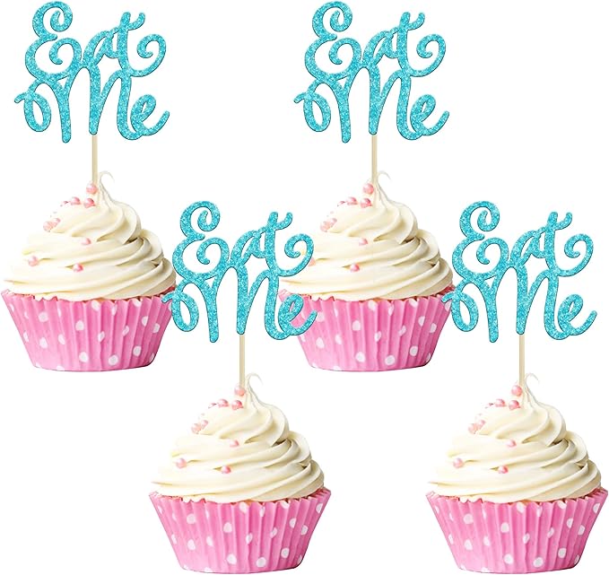 Amazon.com: Gyufise 36Pcs Eat Me Cupcake Toppers Blue Glitter Alice in ...