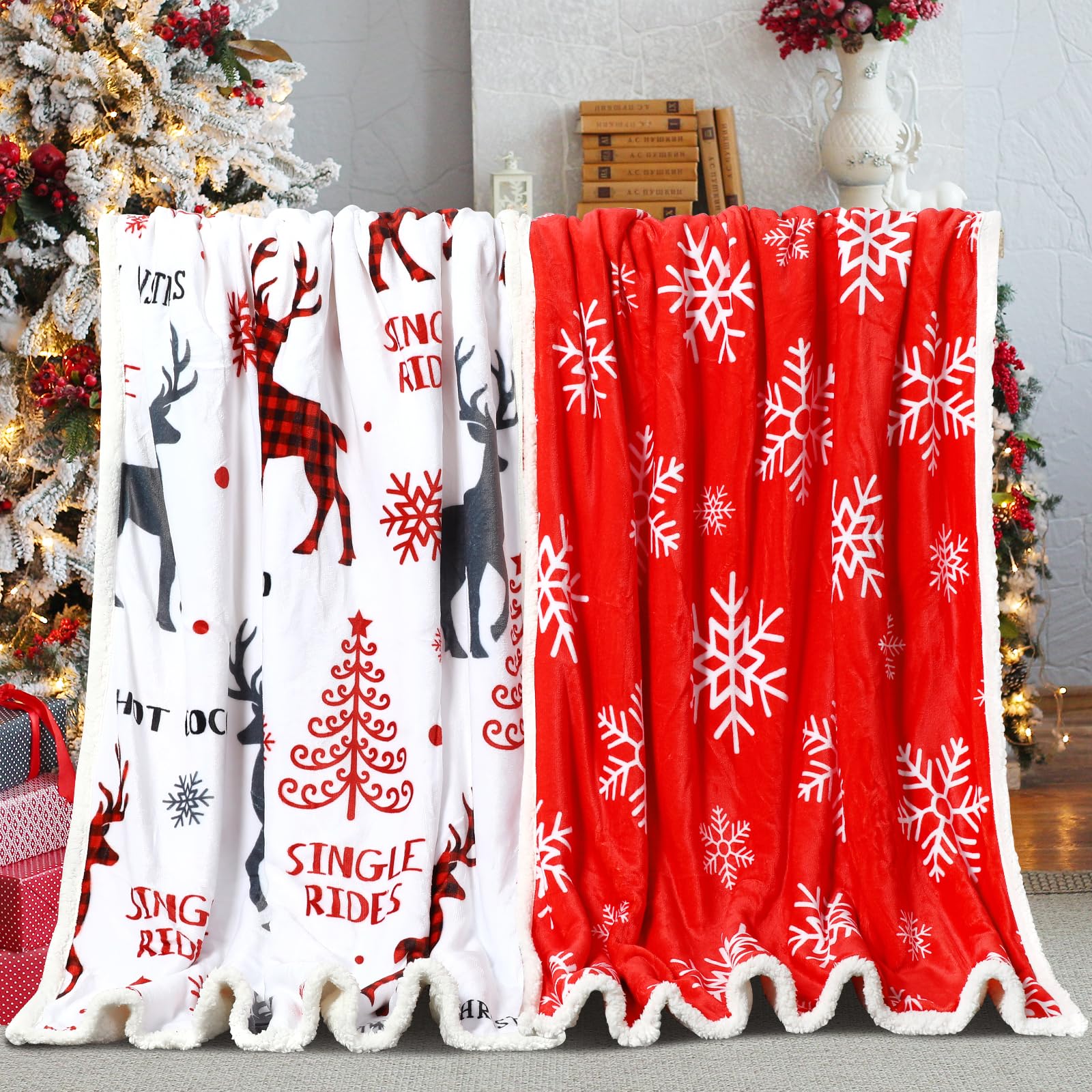 Amazon.com: 2Pcs Christmas Holiday Sherpa Throw Blanket with Red ...