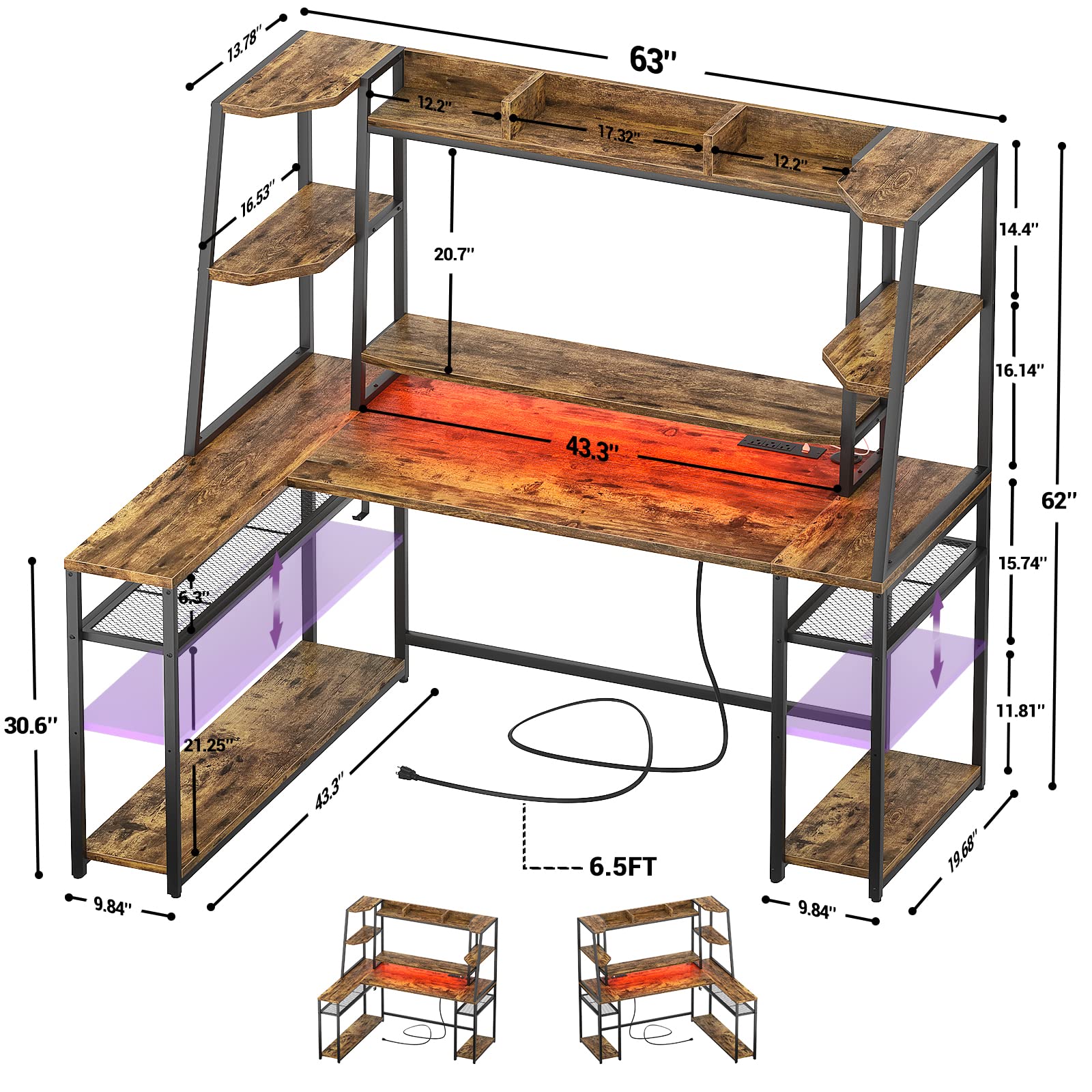 armocity L Shaped Gaming Desk with LED Lights & Power Strips, 63 ...