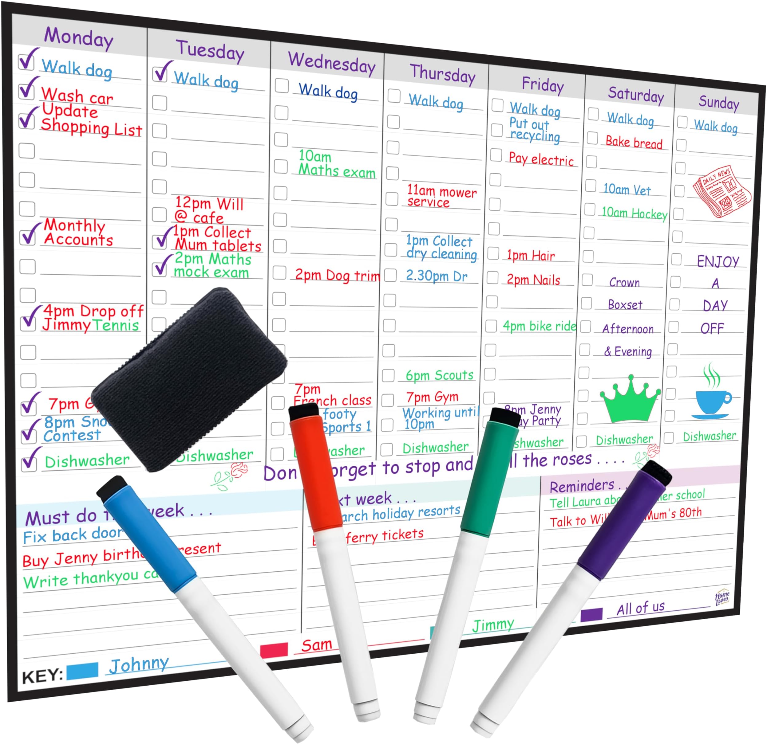 Navaris Weekly Calendar Glass Board - 60x40cm Dry Erase Magnetic White ...