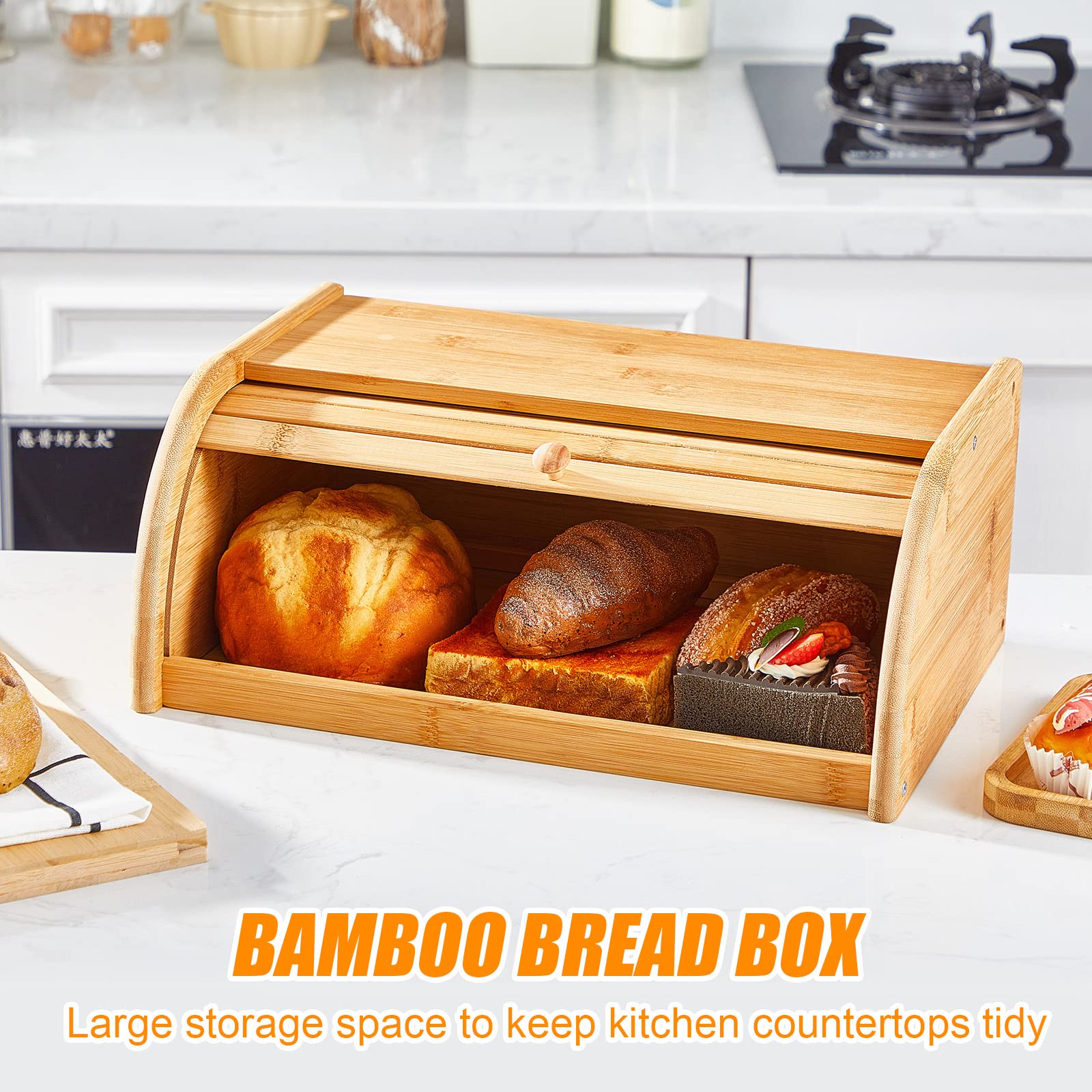 Tatuo 2 Pcs Bamboo Bread Box Roll Top Large Bread Box Bamboo Breadbox ...