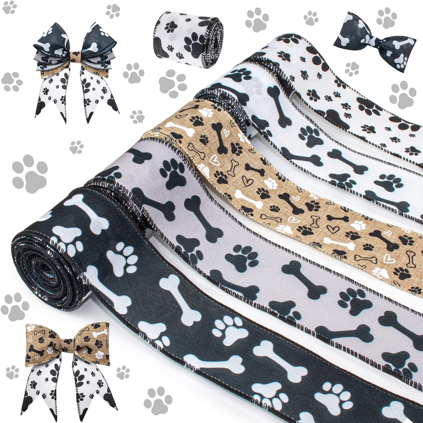 Amazon.com: White Satin with Blue Paw Prints 1.5" Wired Paw Print ...