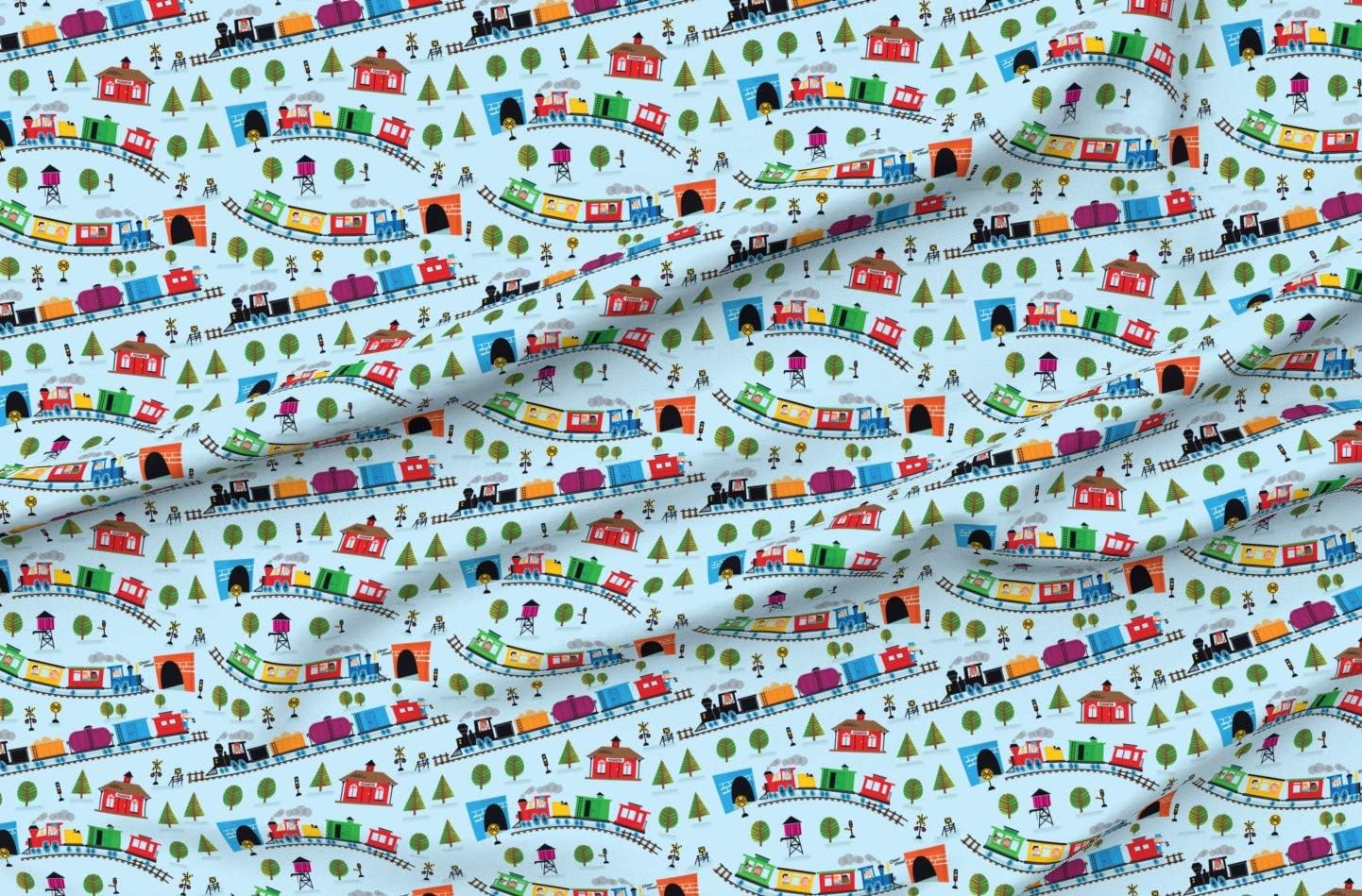 Amazon.com: Spoonflower Fabric - Trains, Blue, Nursery, Railroad ...