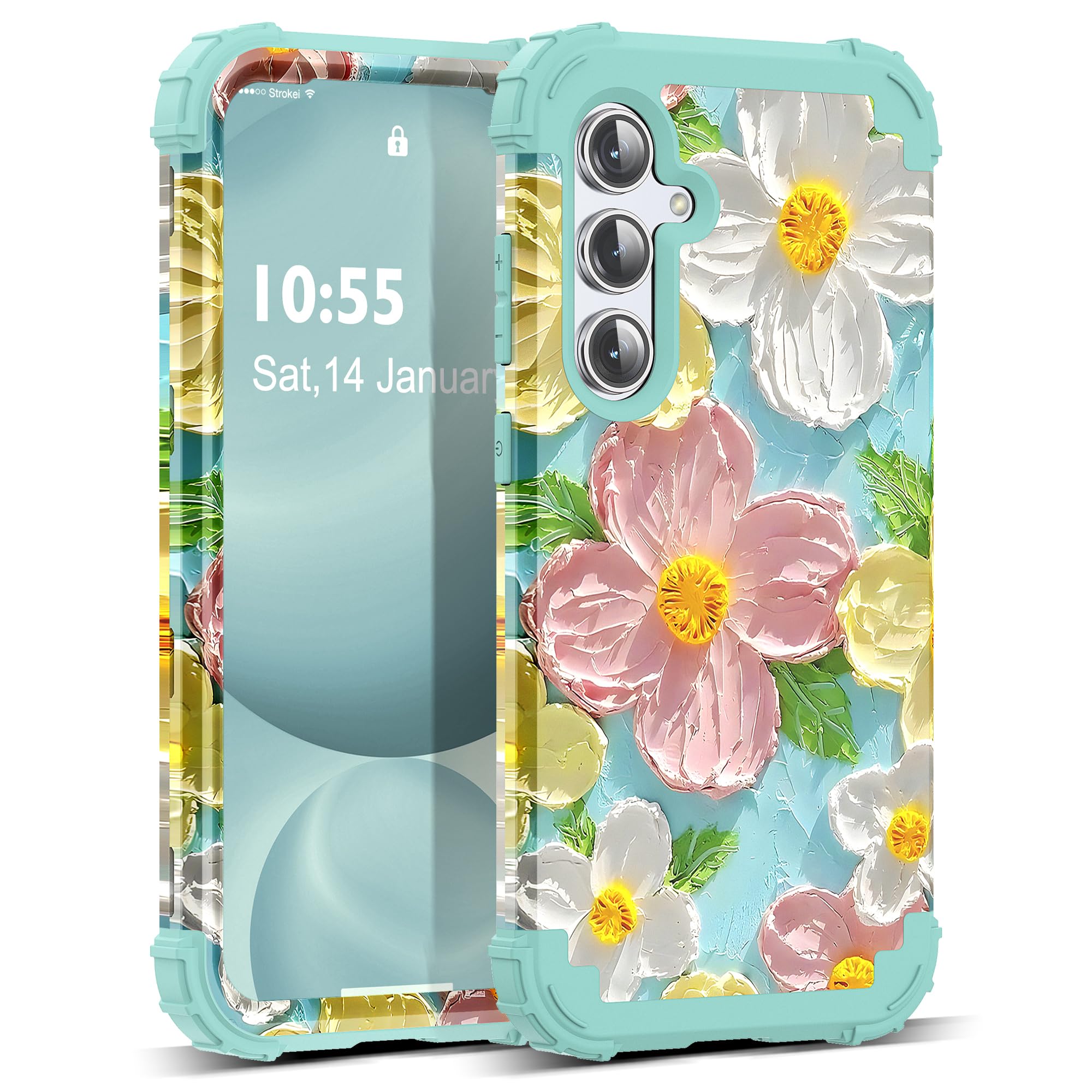 Amazon.com: SleekCover for Galaxy S24 FE 5G Case,3 in 1 Oil Painting Flower Pattern Heavy Duty ...
