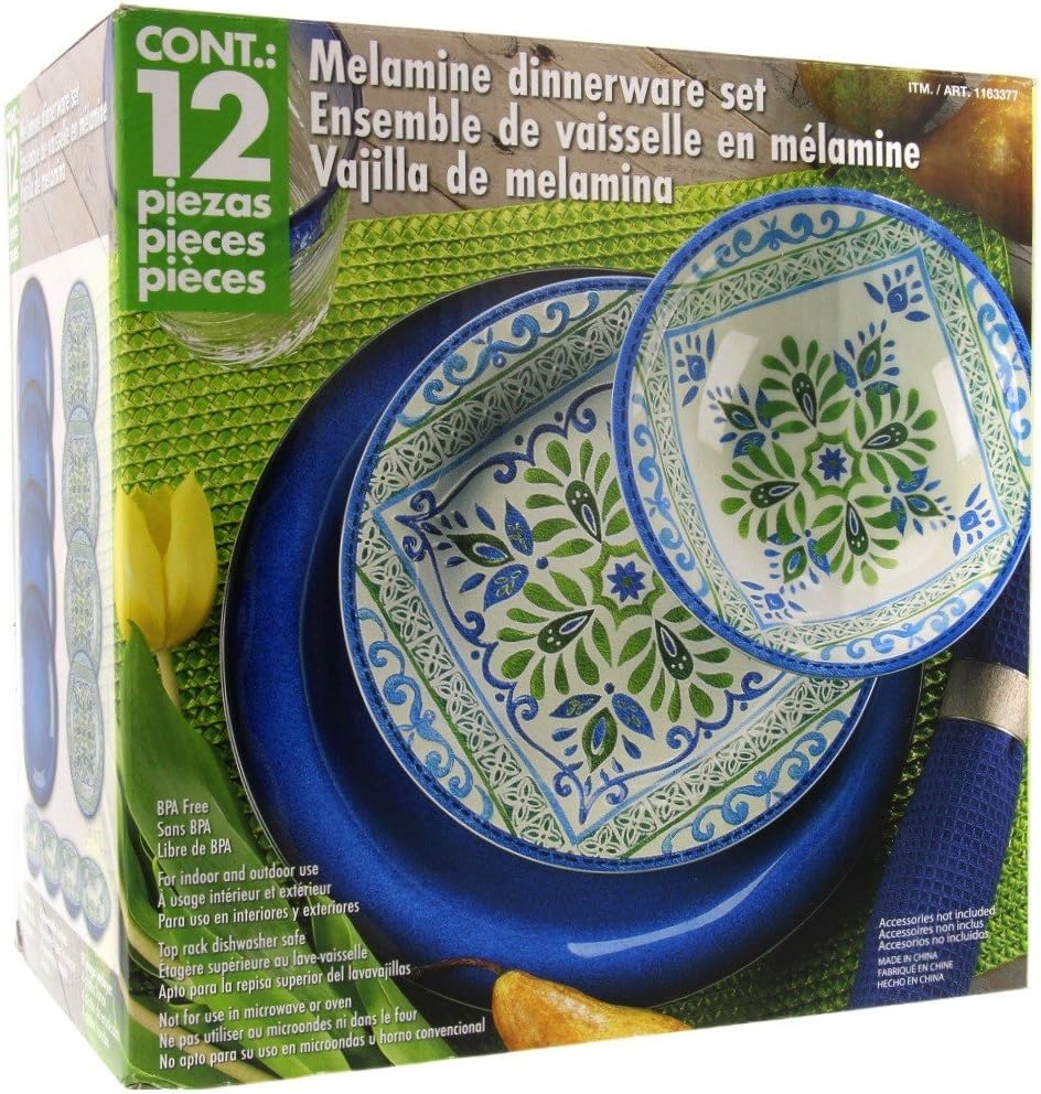 Amazon.com | Melamine 12 Piece Dinnerware Set (Blue & Green) - Suitable ...