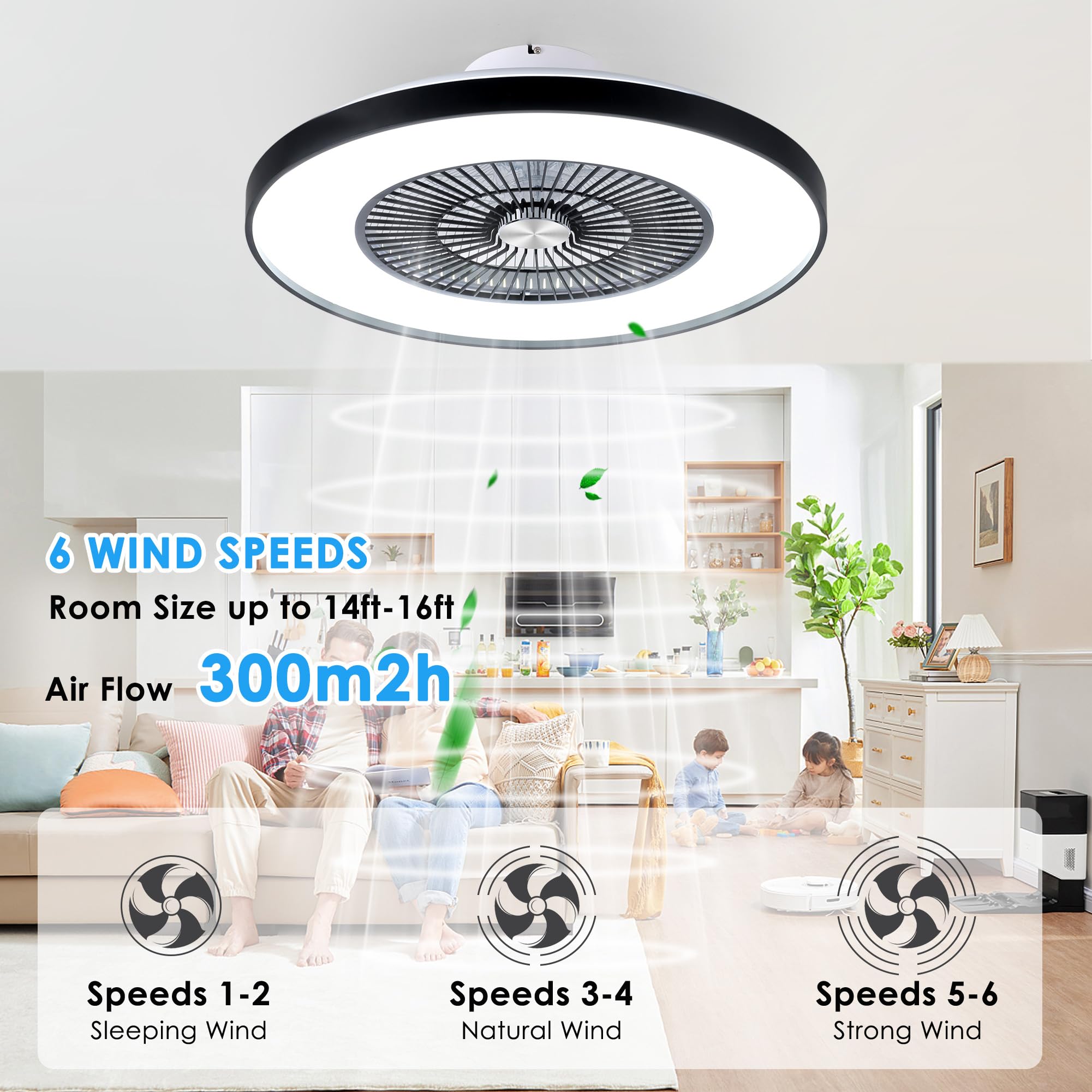 HUMHOLD Bladeless Ceiling Fans with Lights and Remote Control, 3 ...