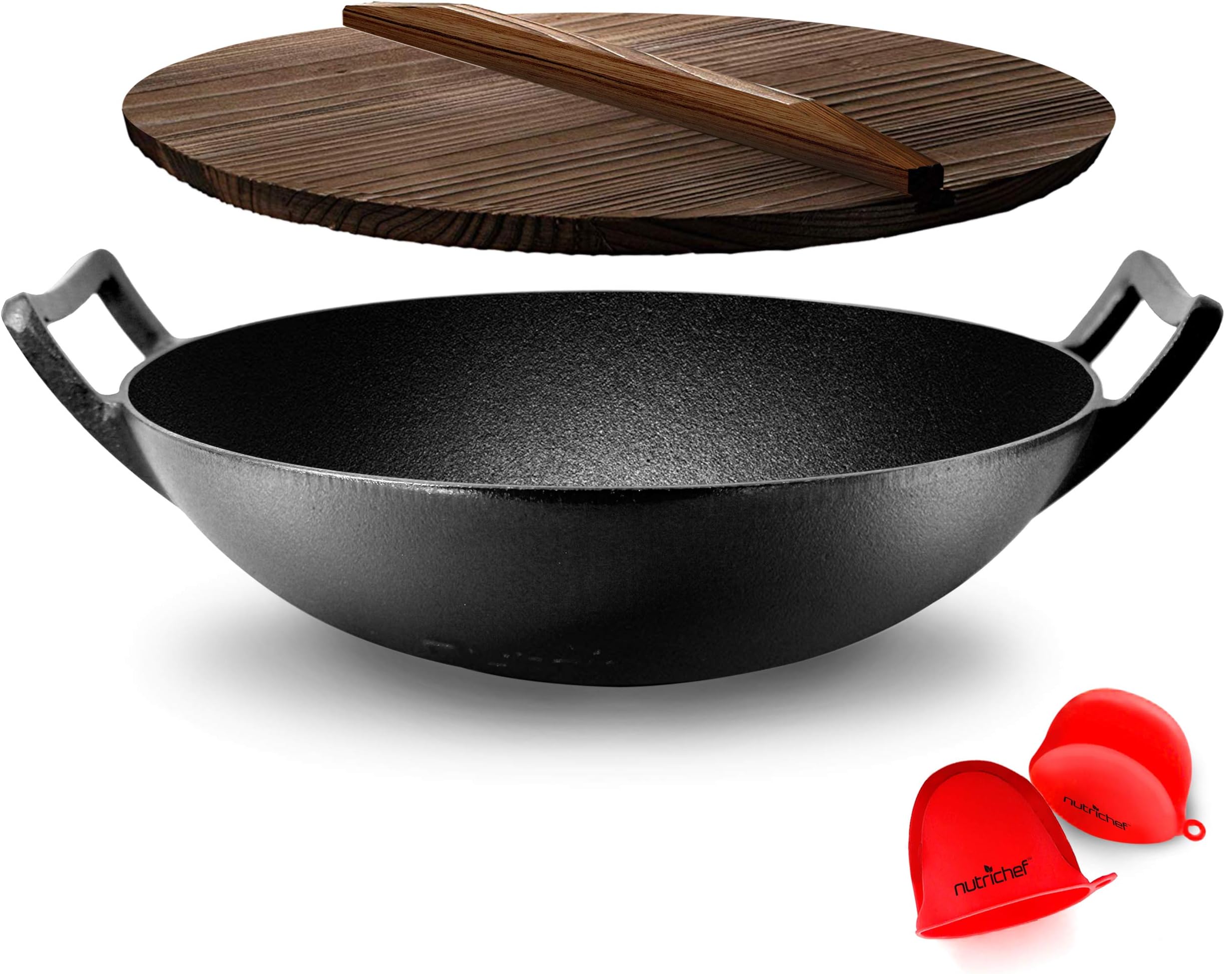 NutriChef Cast Iron Wok Pan, 43cm/17Inch Induction Chinese Wok, Heavy ...