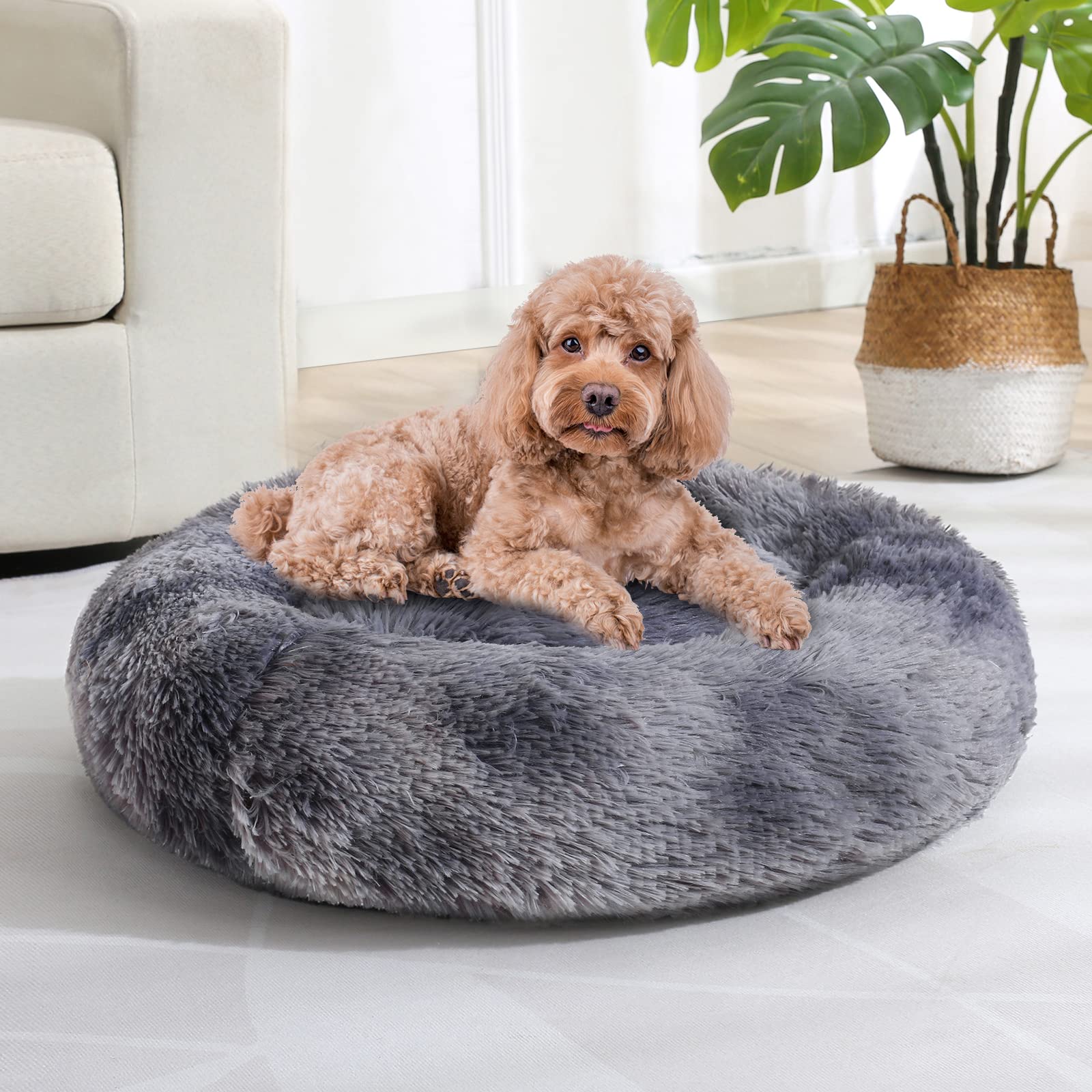 JOLLYVOGUE Fluffy Faux Fur Plush Dog Bed & Cat Bed, Calming Donut Dog ...