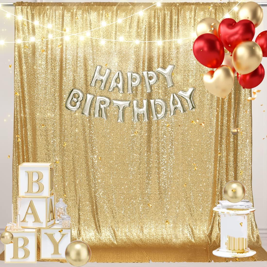 Amazon.com : LYCGS 7X5FT Red Glitter Backdrop Birthday Backdrop Gold ...