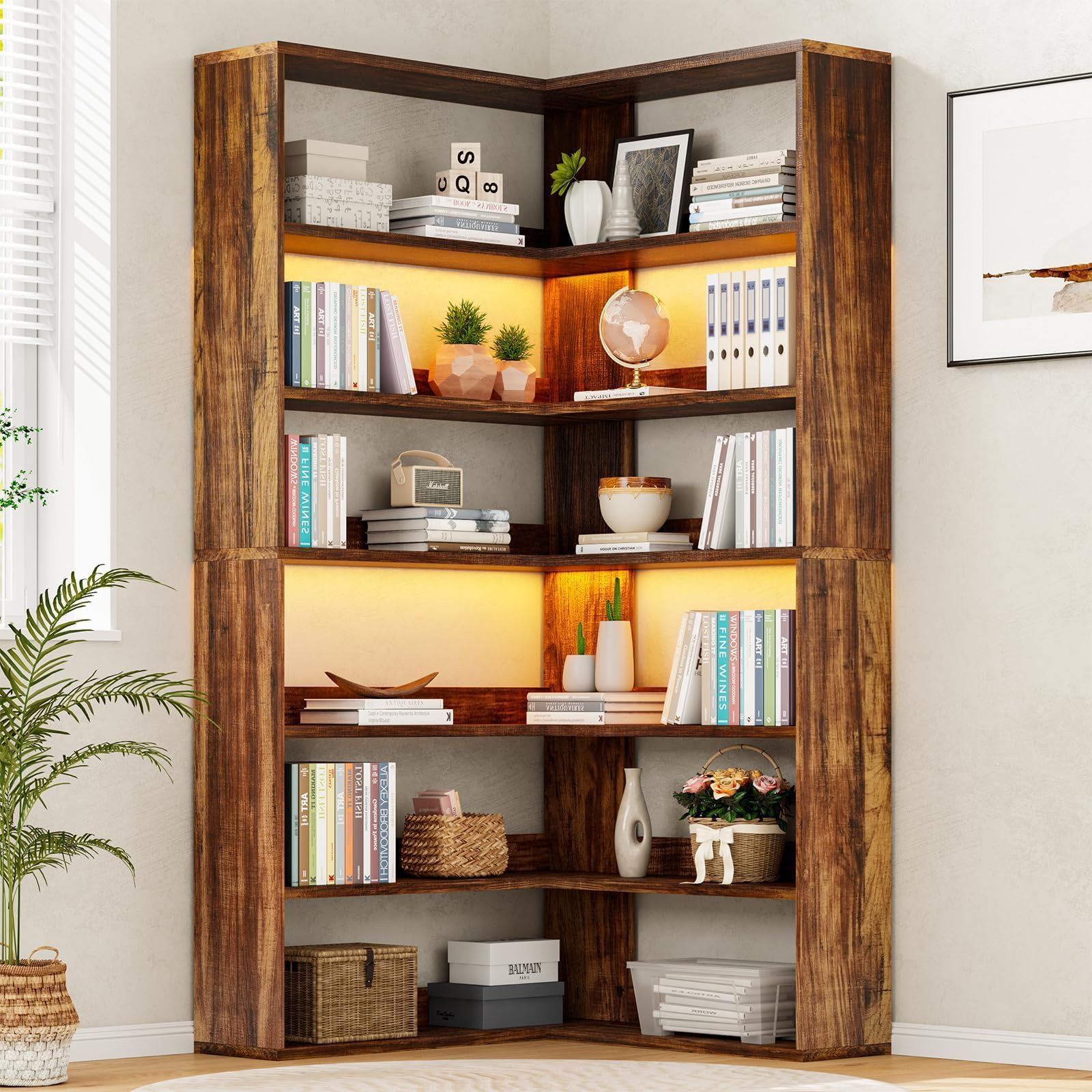 Amazon.com: 4 EVER WINNER Corner Bookshelf with LED Light and Storage ...