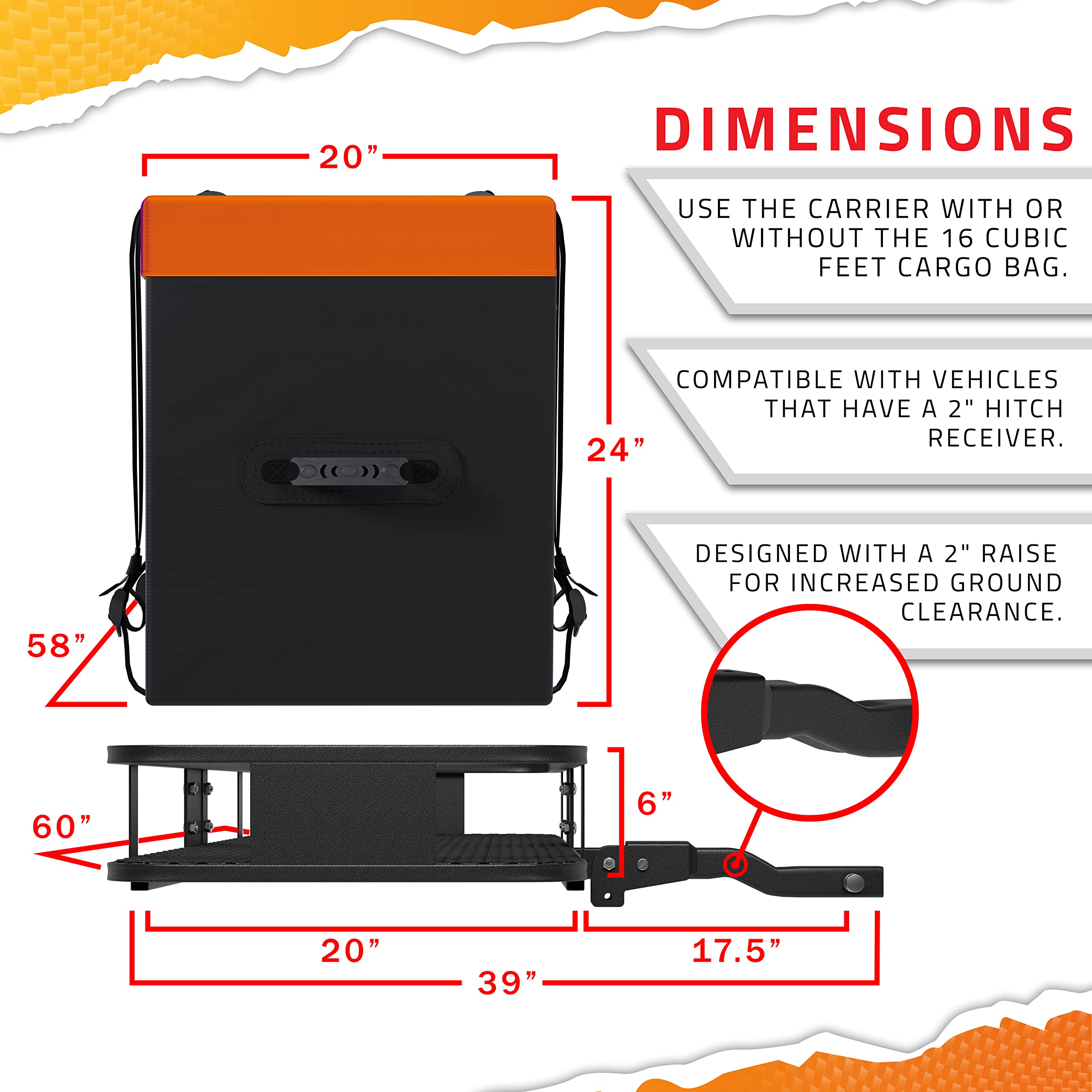 Snapklik.com : 60x20x6 Folding Cargo Carrier Hitch Mount500 Lb Cap Hitch Rack +16 CuFt Soft ...