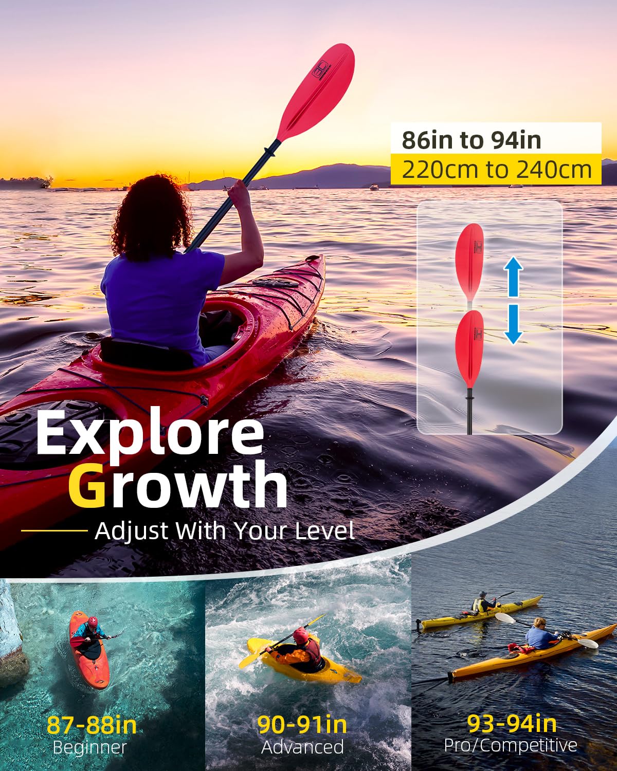 Snapklik.com : OCEANBROAD Adjustable Carbon Fiber Kayak Paddle 86in ...