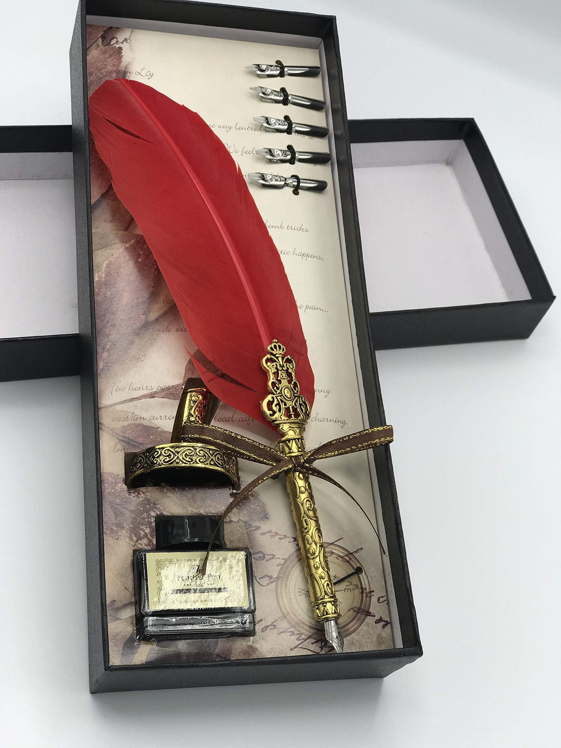 GOLD LEAF Dip Feather Pen Set Calligraphy Pen Set Writing Quill Ink Dip ...