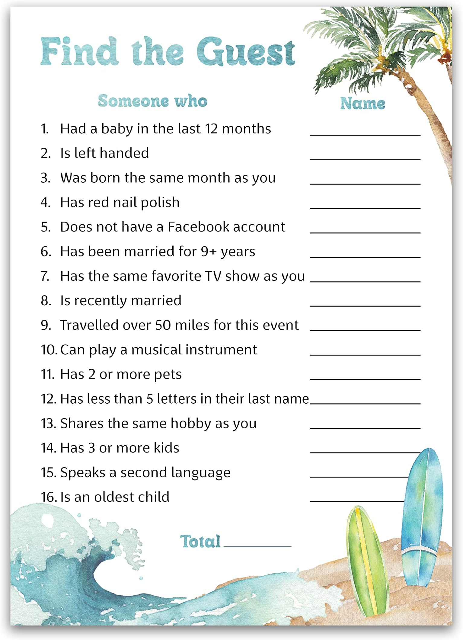 Amazon.com: Surf Beach Theme — FIND THE GUEST Baby Shower Game — Pack ...