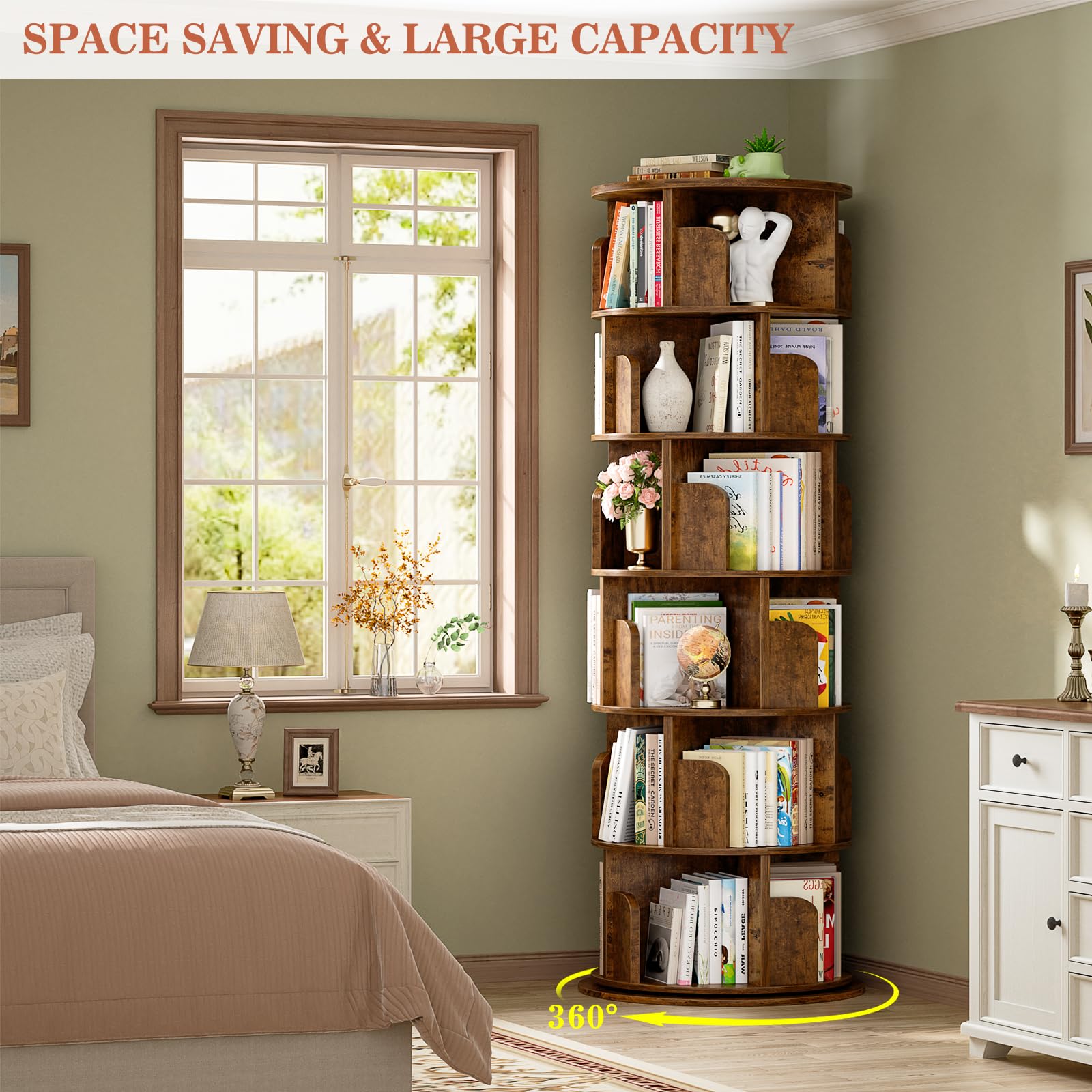 Snapklik.com : 6 Tier Rotating Bookshelf, Wood Spinning Bookshelf Tower ...