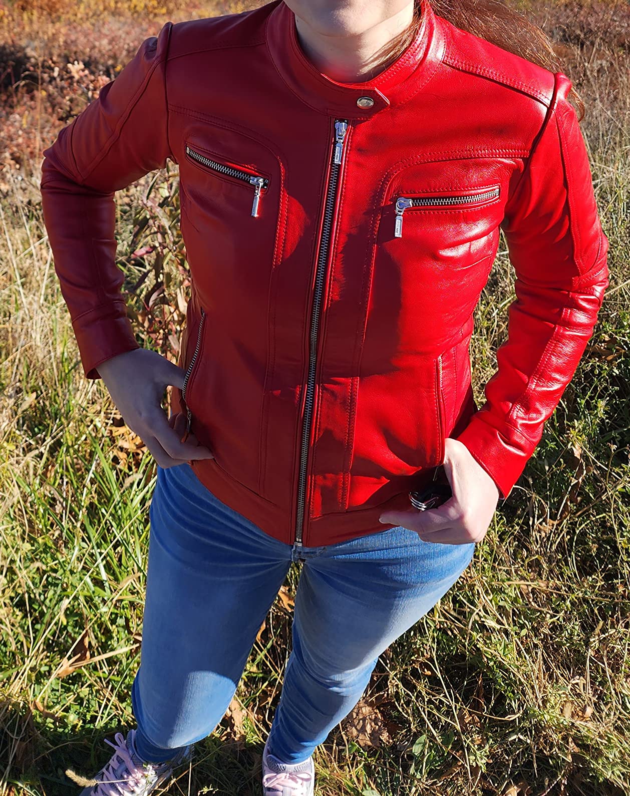 LEATHER FARM Women's Lambskin Leather Bomber Biker Jacket at Amazon ...