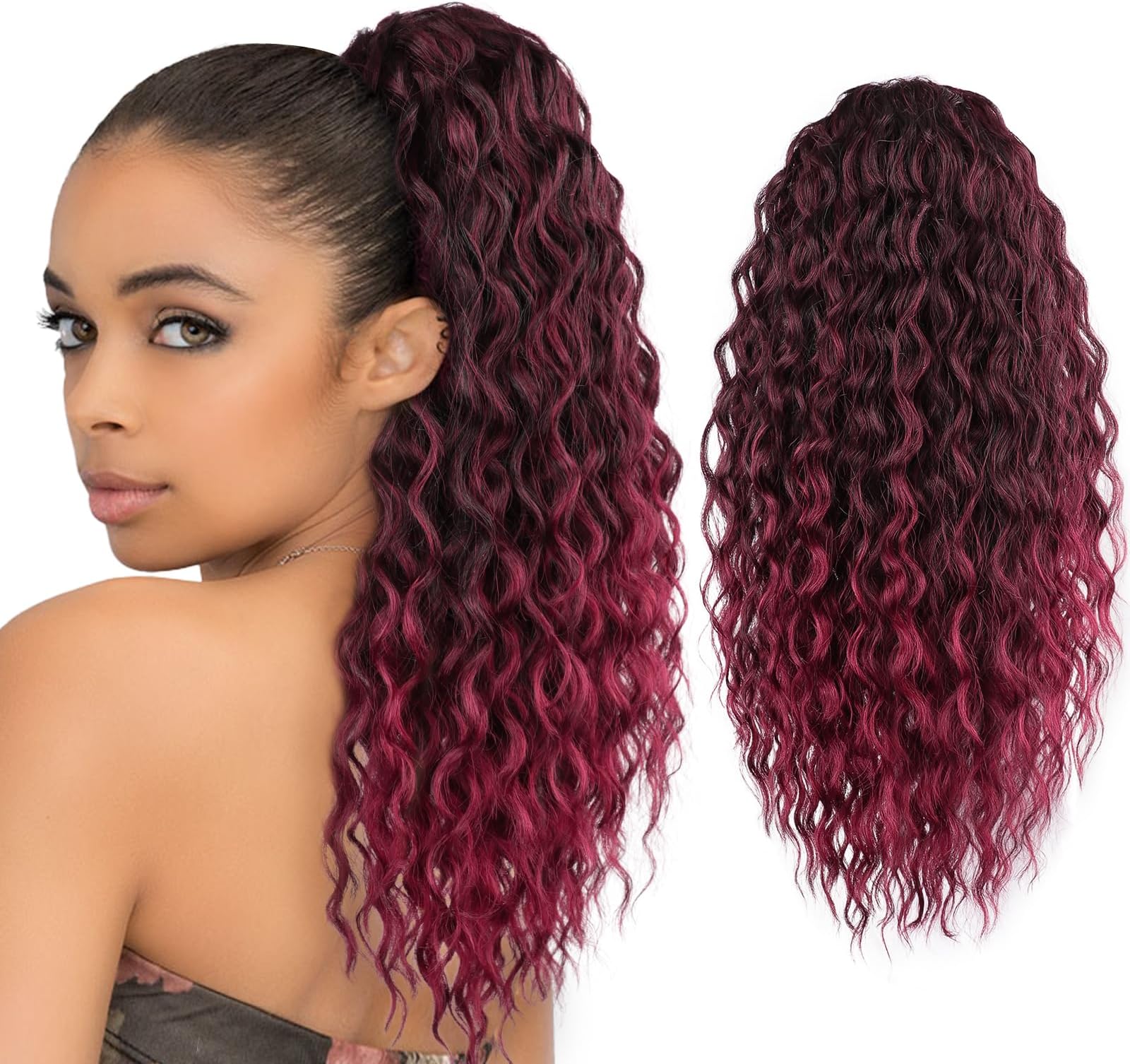 Amazon.com : FREEMEIGE Red Ponytail Extension Curly Drawstring Ponytail ...