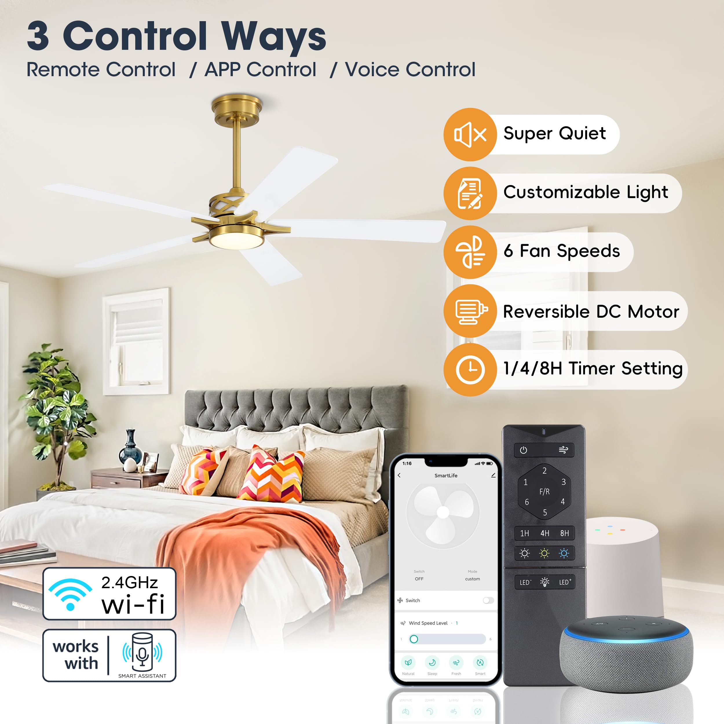 WINGBO 60" Smart Ceiling Fan with Lights and 3 Downrods, 5 Plywood ...