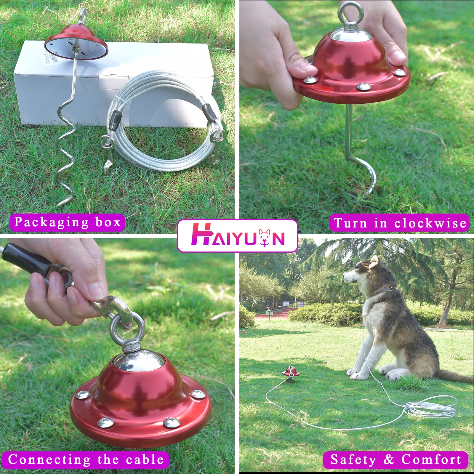 HaiYUAN 30FT Dog Tie Out Cable & Stake 360Â°Swivel Dog Stake for Yard ...