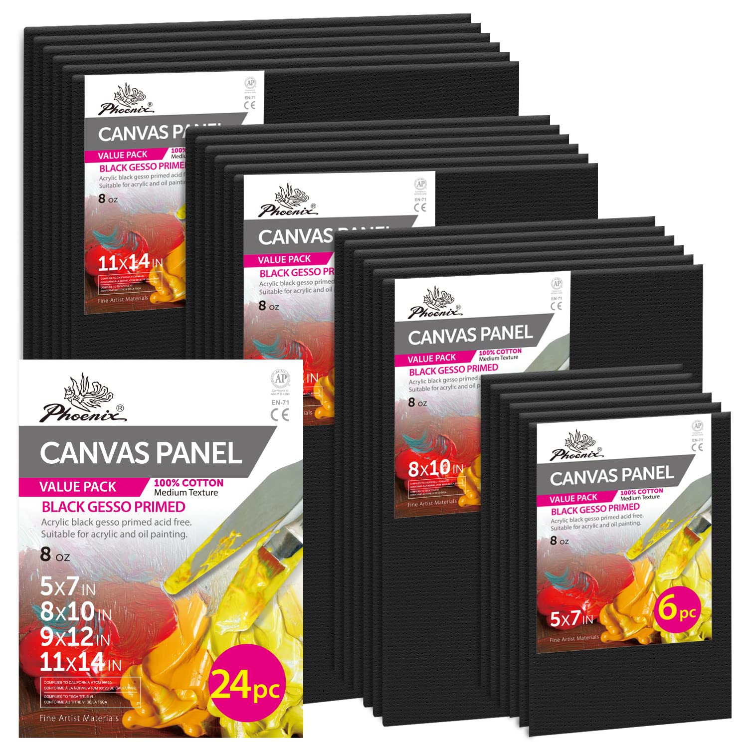 Amazon.com: PHOENIX Black Canvas Boards for Painting - 24 Pack, 5x7 ...