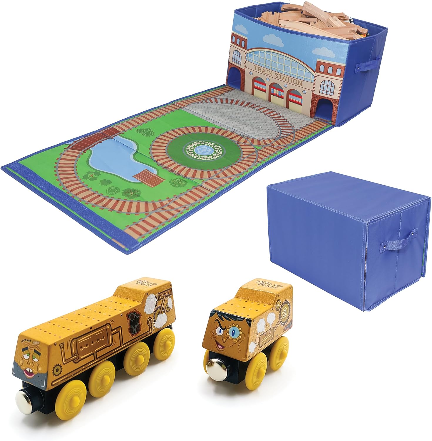 Amazon.com: Train Storage Bin and Play Mat and Two Trains - Wooden ...
