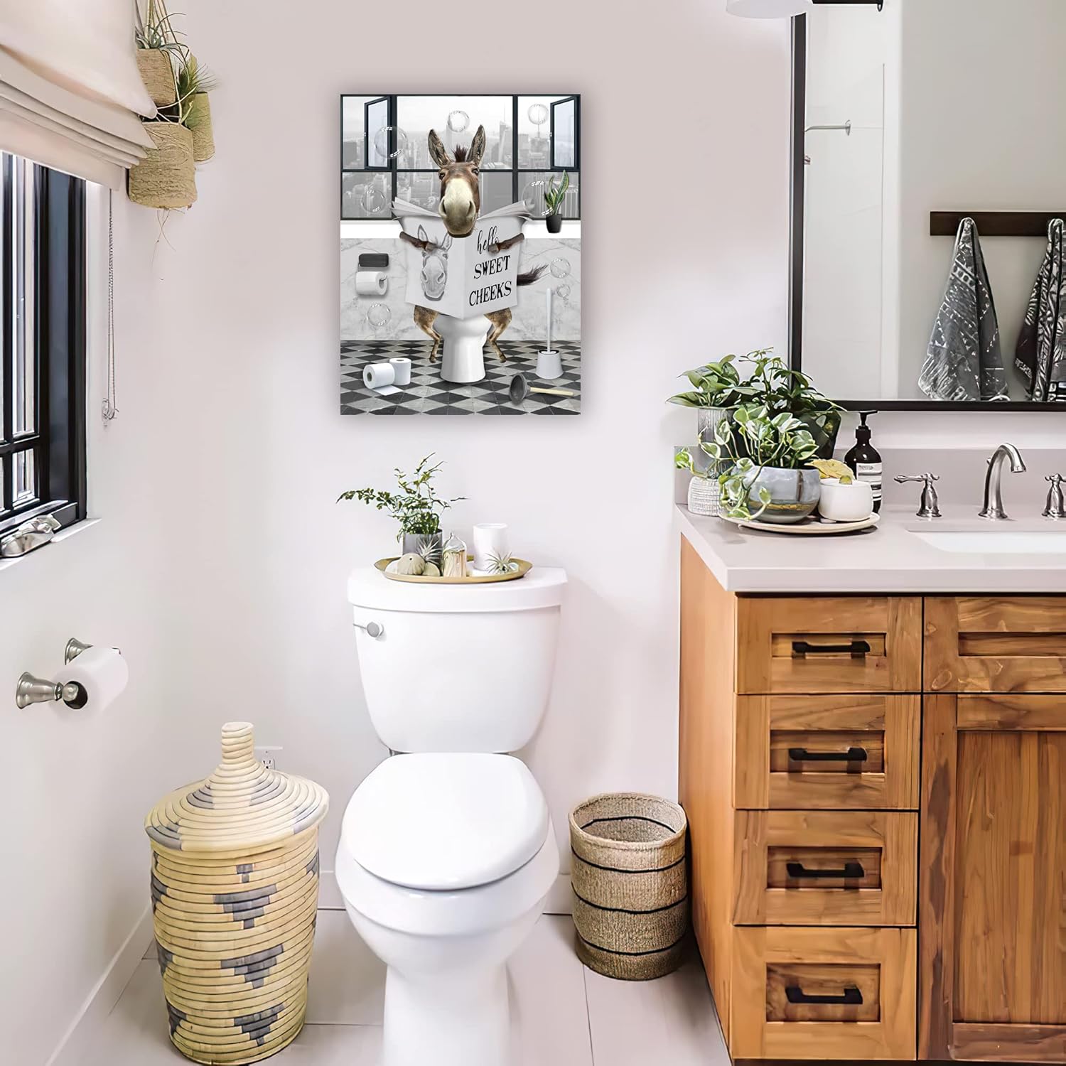 PIMULSAA Póster divertido de burro sentado en el inodoro, lectura de periódico, arte de pared ...