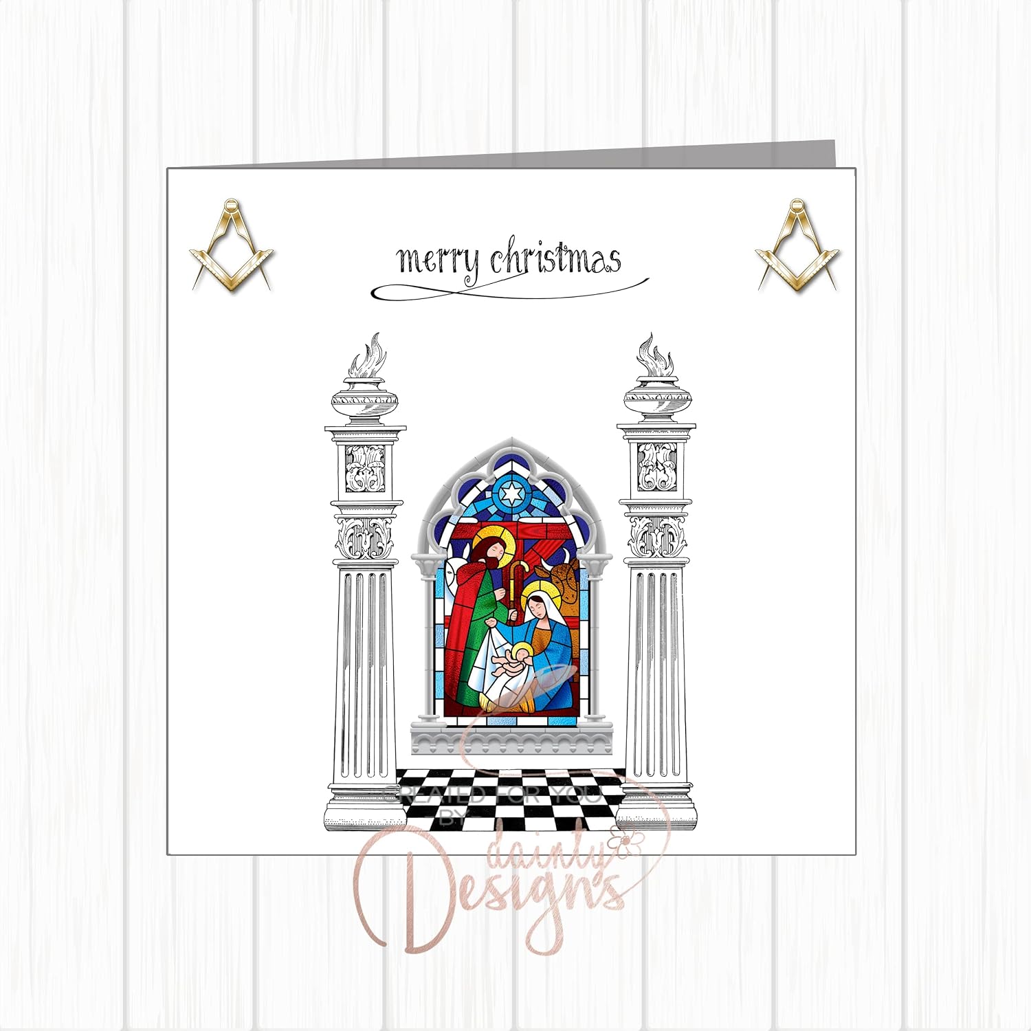 Masonic Christmas Card Masons Xmas Door Two Pillars Stained Glass ...