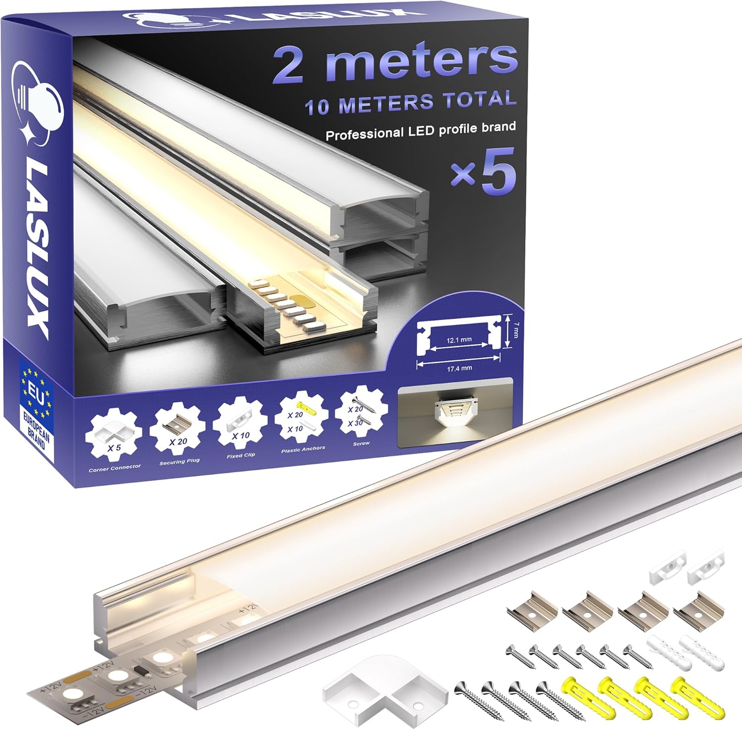 LASLUX Profilé LED Aluminium 2m×5pc Encadrable Diffuseur Transparent ...