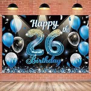 Amazon.com : Happy 26th Birthday Backdrop Banner Blue Balloon Number 26 ...