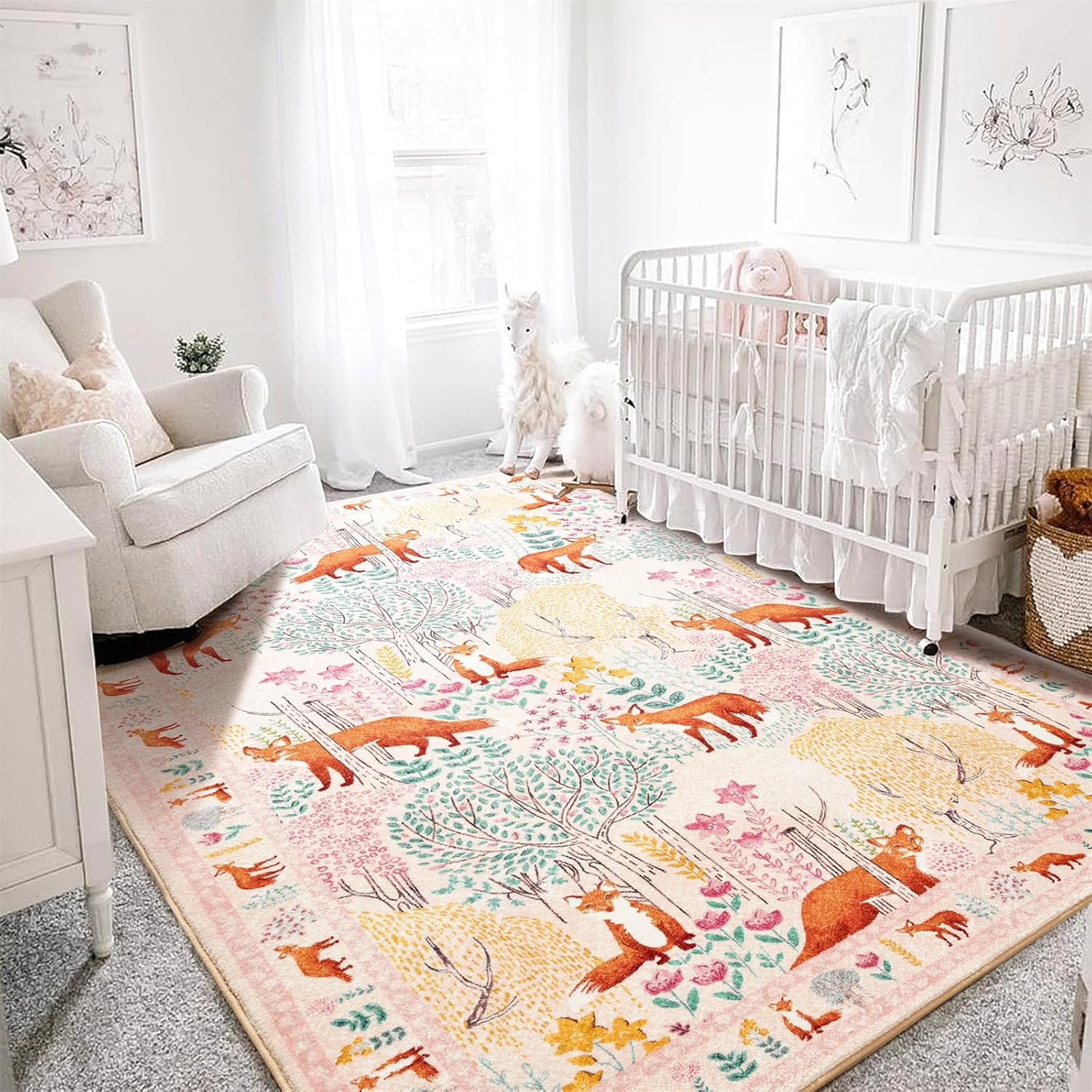 Amazon.com: Estmy Pink Woodland Nursery Rug Washable, Thin Profile 3x5 ...