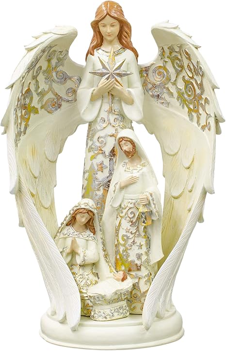 Amazon.com: Angel With Holy Family Gold Leaf On White 16 x 10 Resin ...