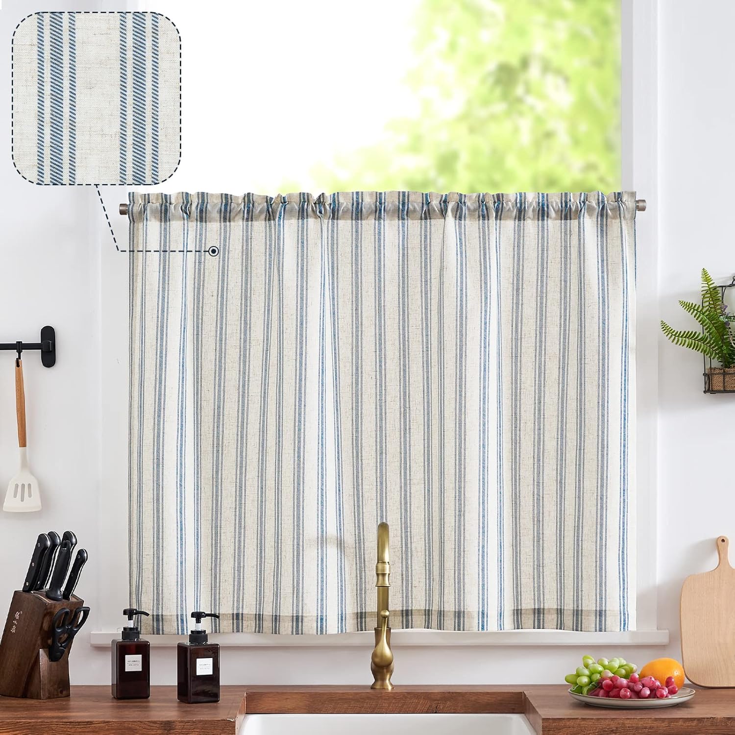 Amazon.com: jinchan Striped Kitchen Curtain Linen Farmhouse Cafe ...