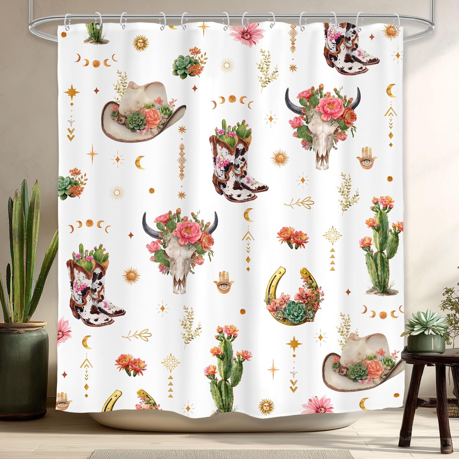 Amazon.com: Glawry Western Cowgirl Shower Curtain Rustic Cow Skull Pink ...