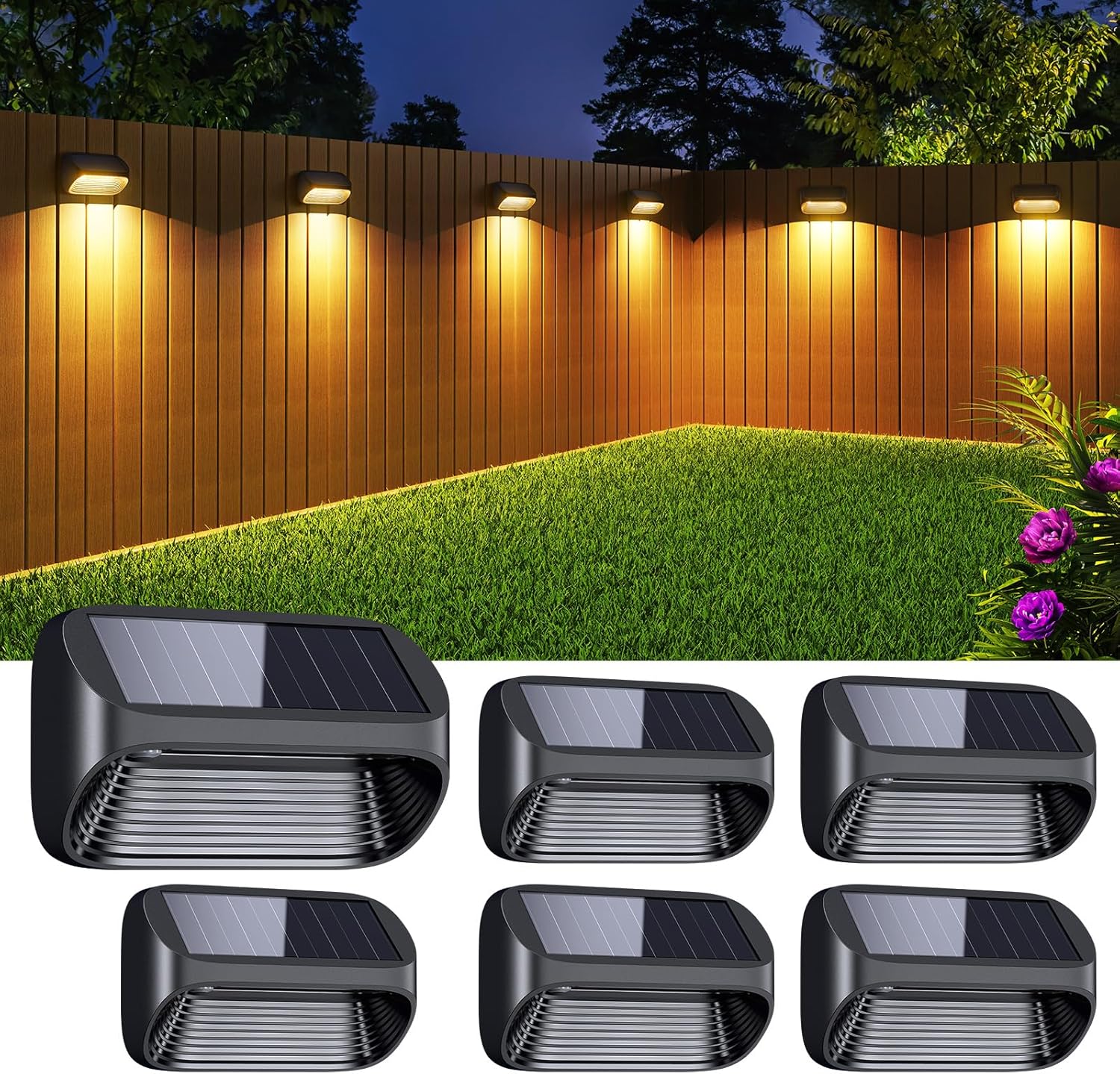 LETMY Solar Fence Lights Outdoor Waterproof, 6 Pack Fence Lights Solar ...