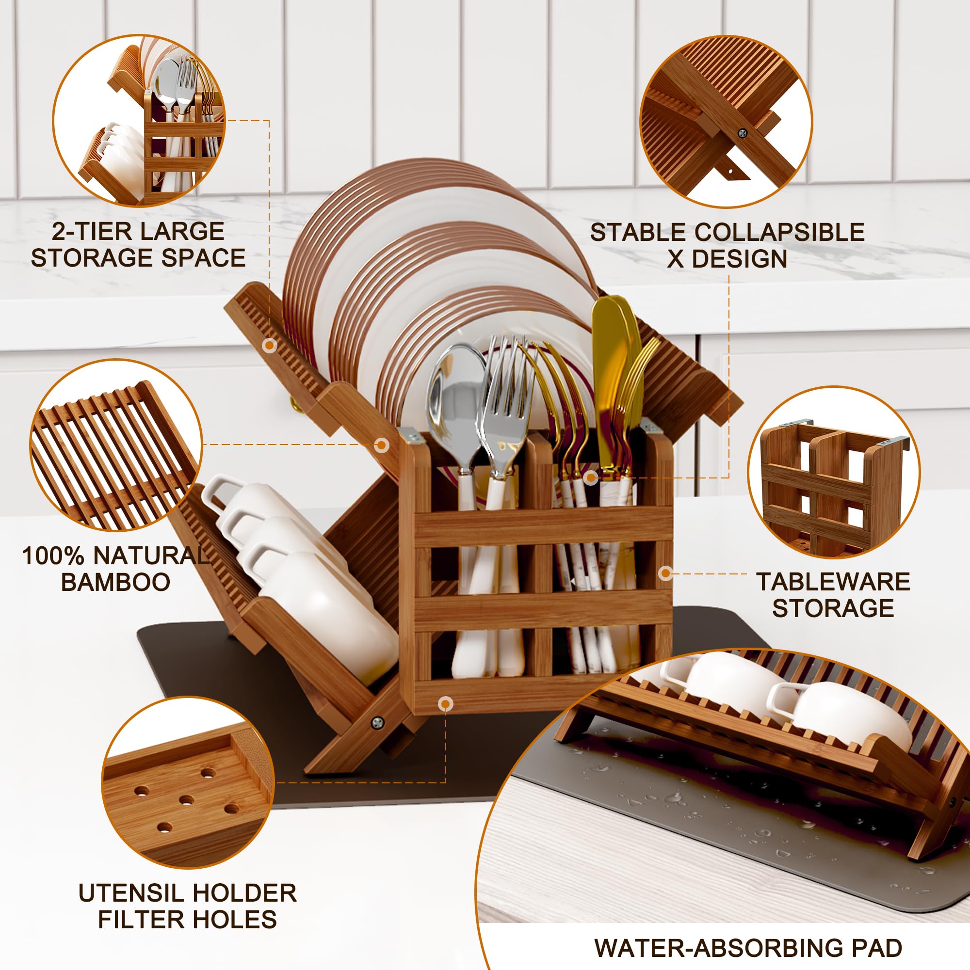 Greenual Teak Dish Drying Rack with Utensil Holder, 2 Tier Collapsible ...