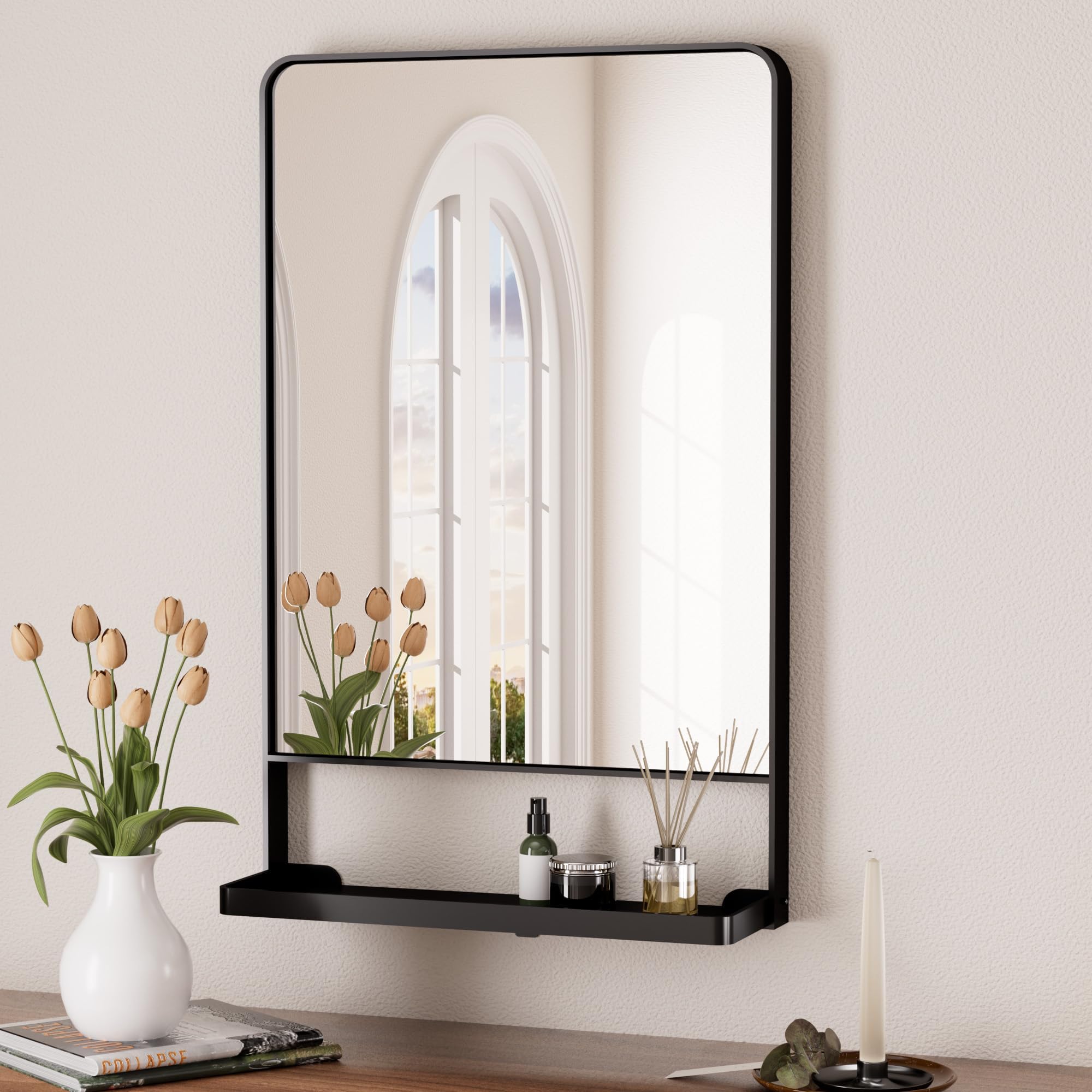 Amazon.com: HMANGE Silver Bathroom Mirror with Shelf Vanity Mirror ...