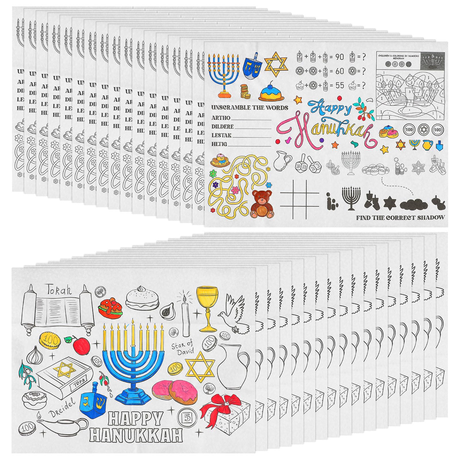 Amazon.com: Hushee 50 Pcs Coloring Hanukkah Placemats Bulk Color Your ...
