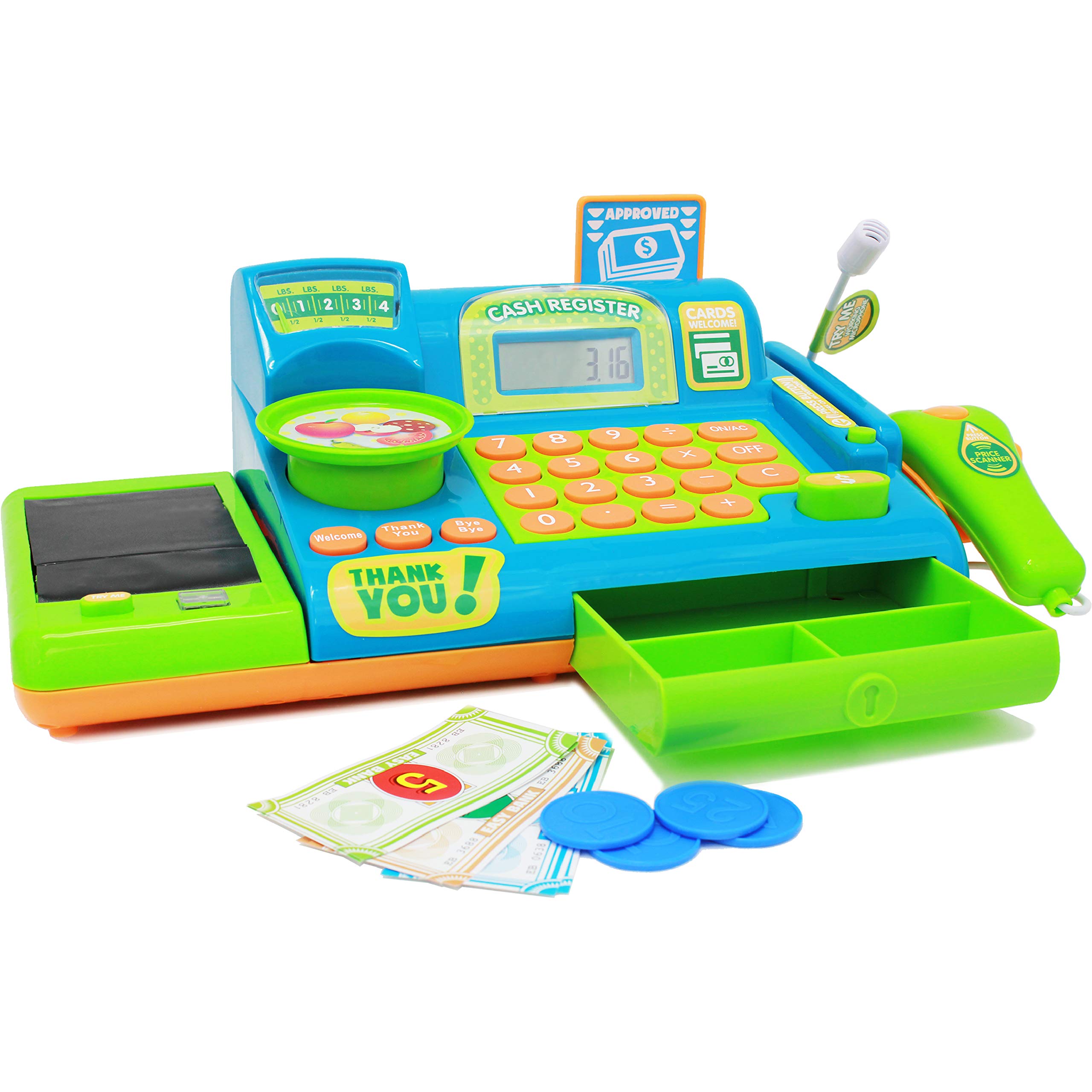 Boley Blue Toy Cash Register Playset - 19pc Kids Play Cash Register ...