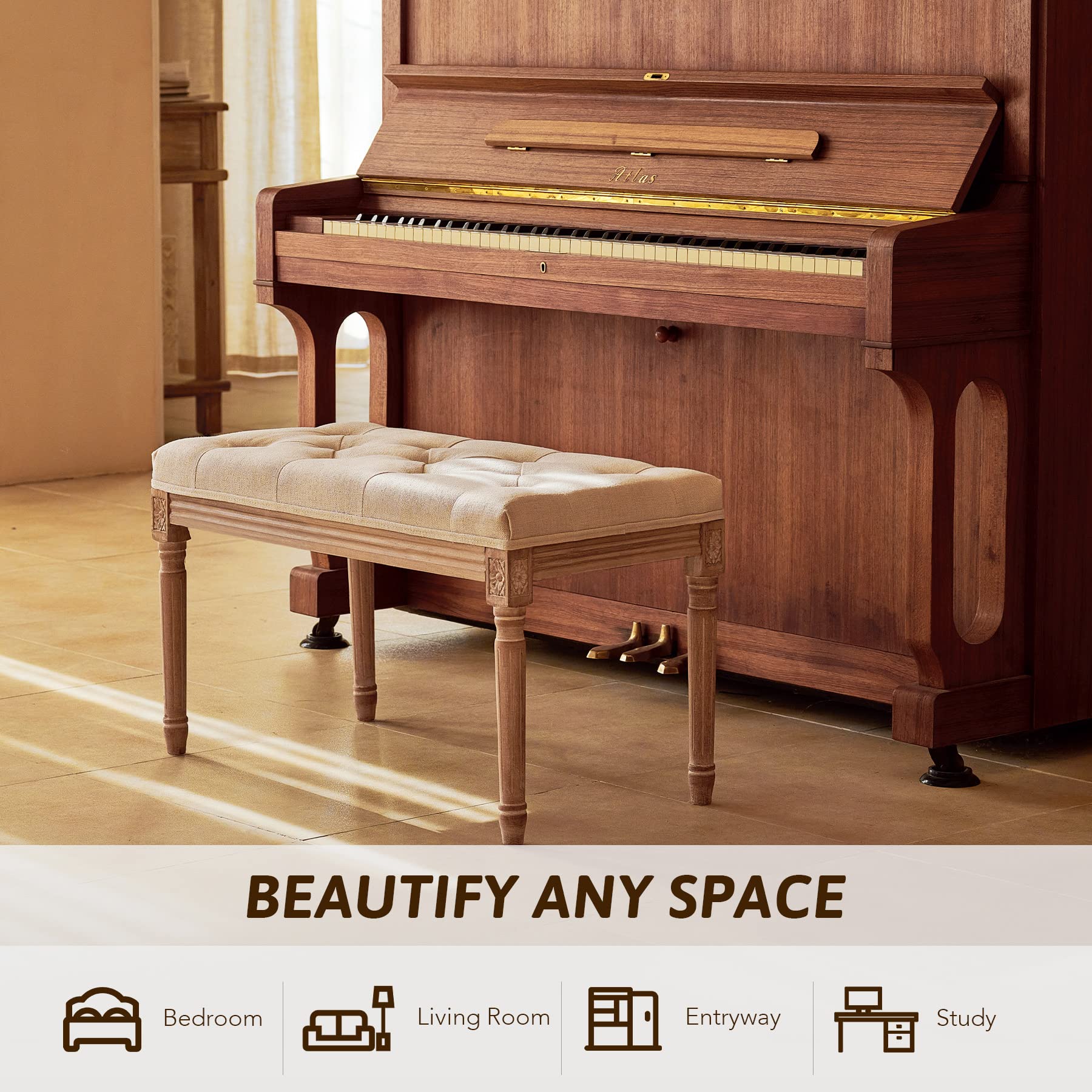 VONLUCE Vintage Dining Bench with Padded Seat and Rubberwood Legs ...