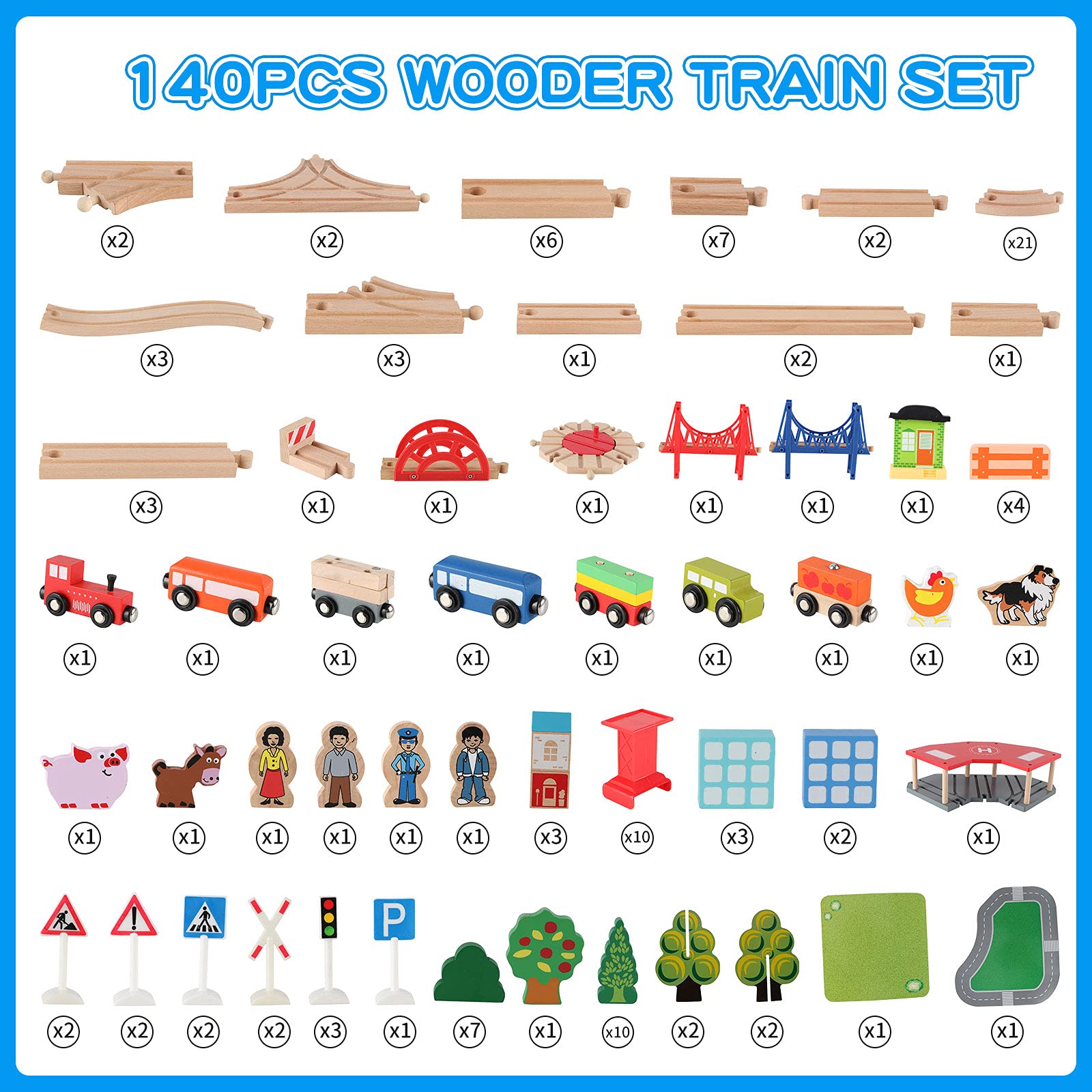 Qilay 140 Pcs Wooden Train Set, Delux Toddler Train Set Railway Kits ...