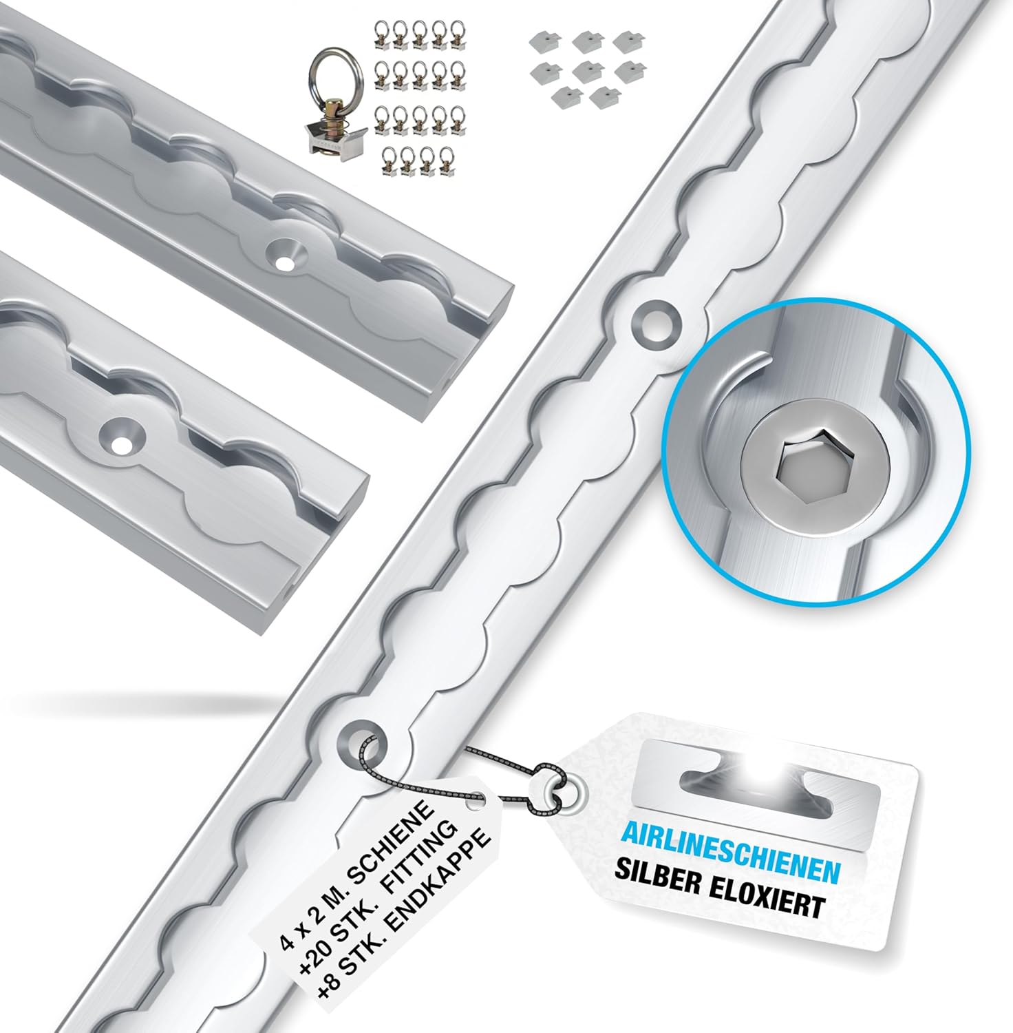 4 x 2 m Aluminium Airline Rail Economy Set with Fitting + End Caps ...