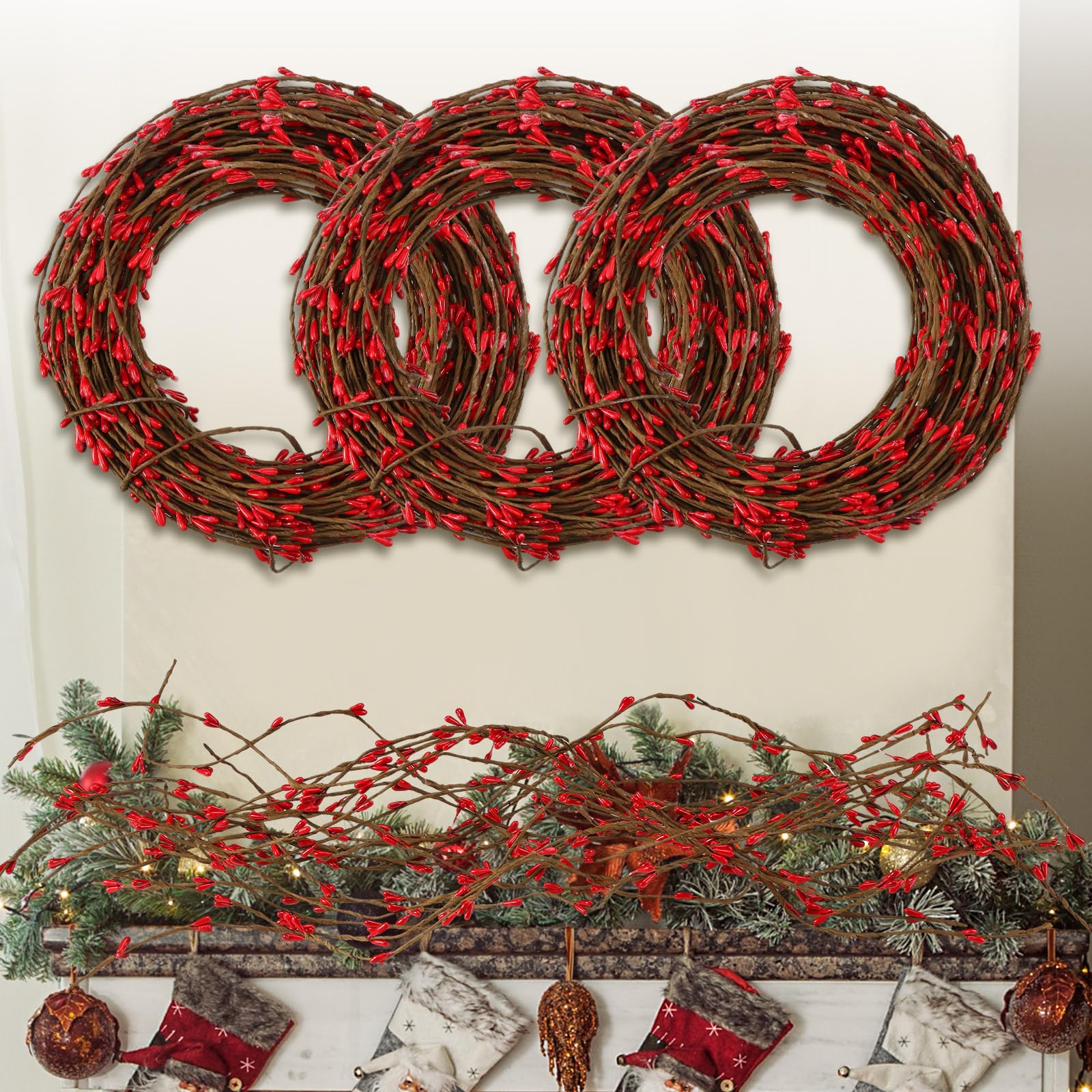 Lyrow 3 Rolls Christmas Red Pip Berry Garland 493 Feet Rustic Twig ...