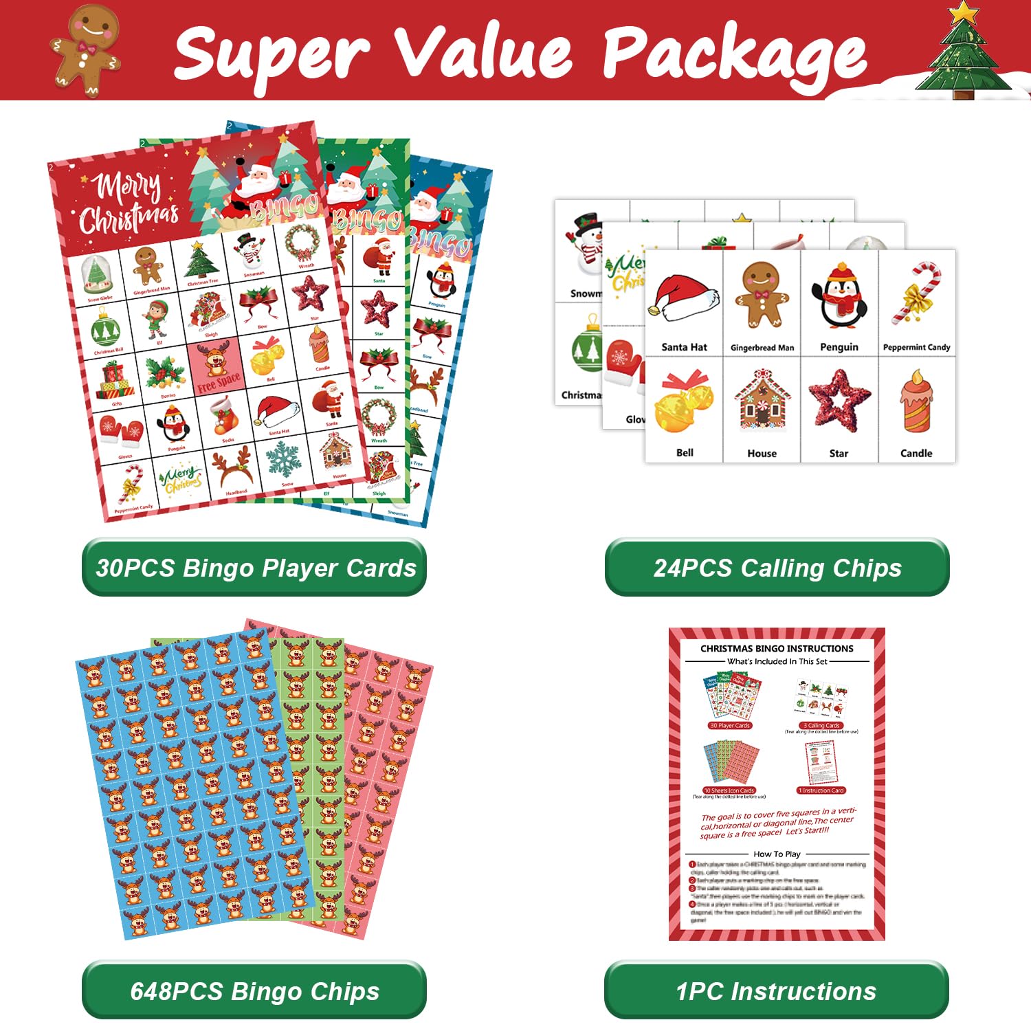Snapklik.com : 46PCS Christmas Bingo Game Cards For 30 Players ...