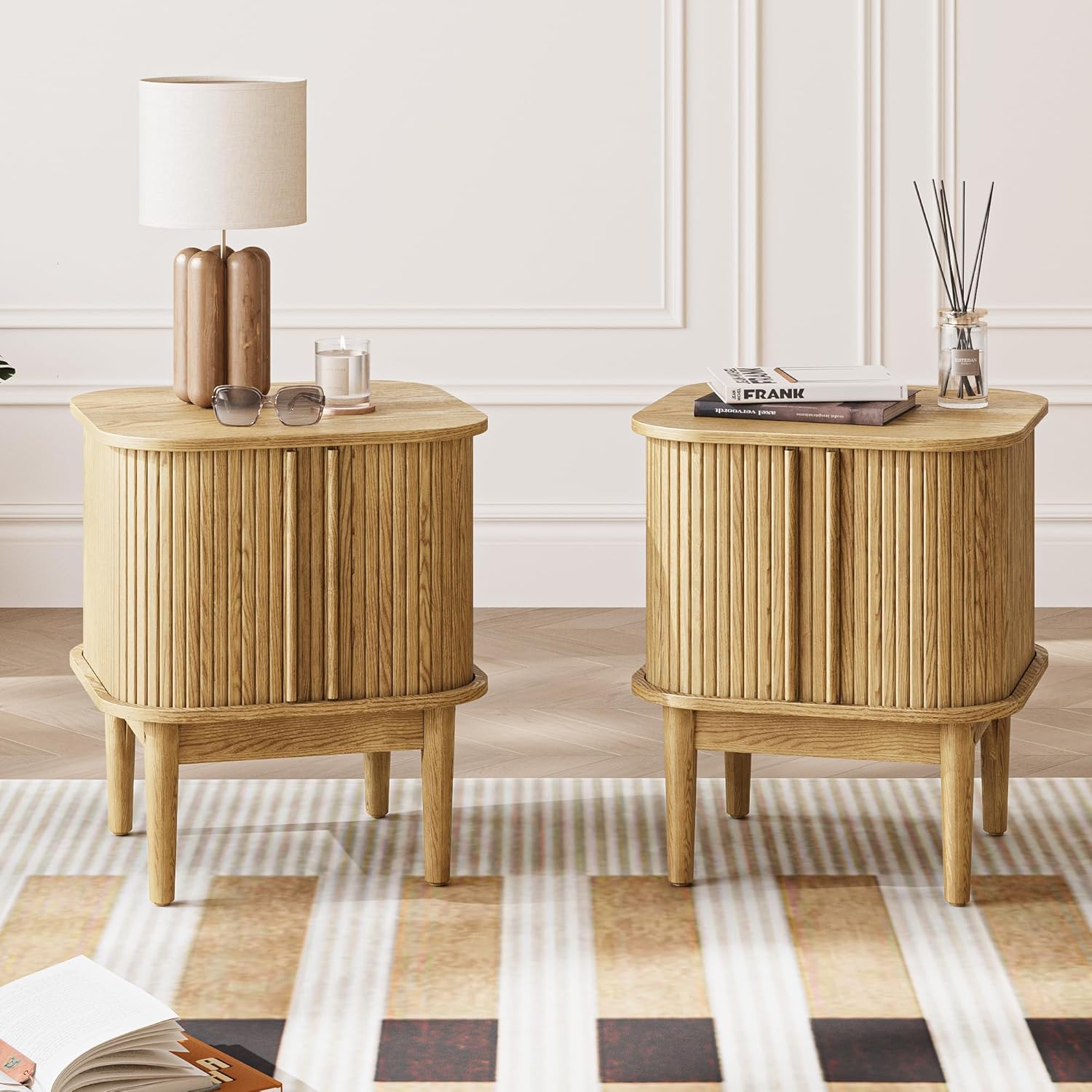 Amazon.com: Set of 2 Fluted Nightstand with Sliding Doors, Modern ...