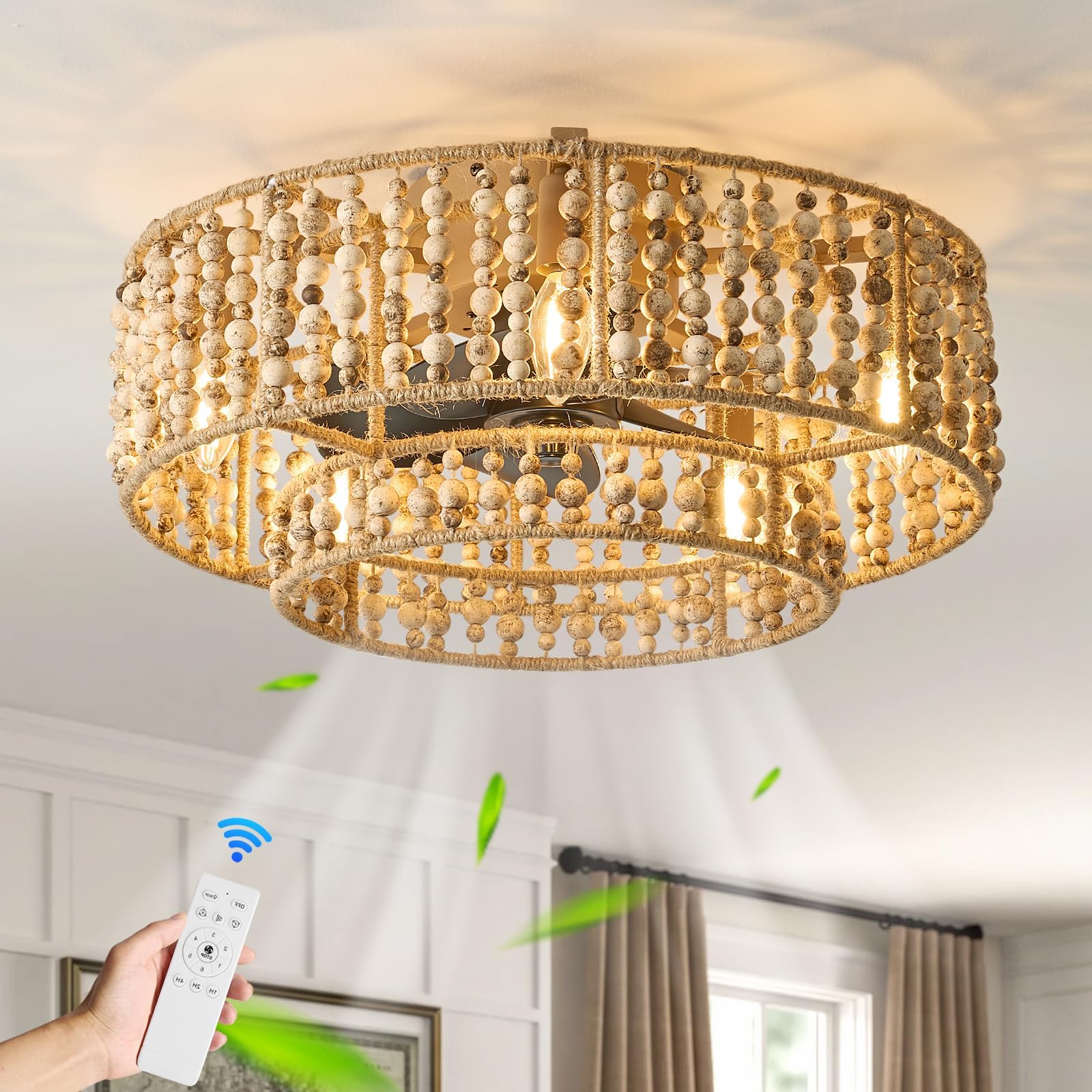 20 Inch Boho Ceiling Fan with Lights, Rustic Flush Mount Beaded Ceiling ...