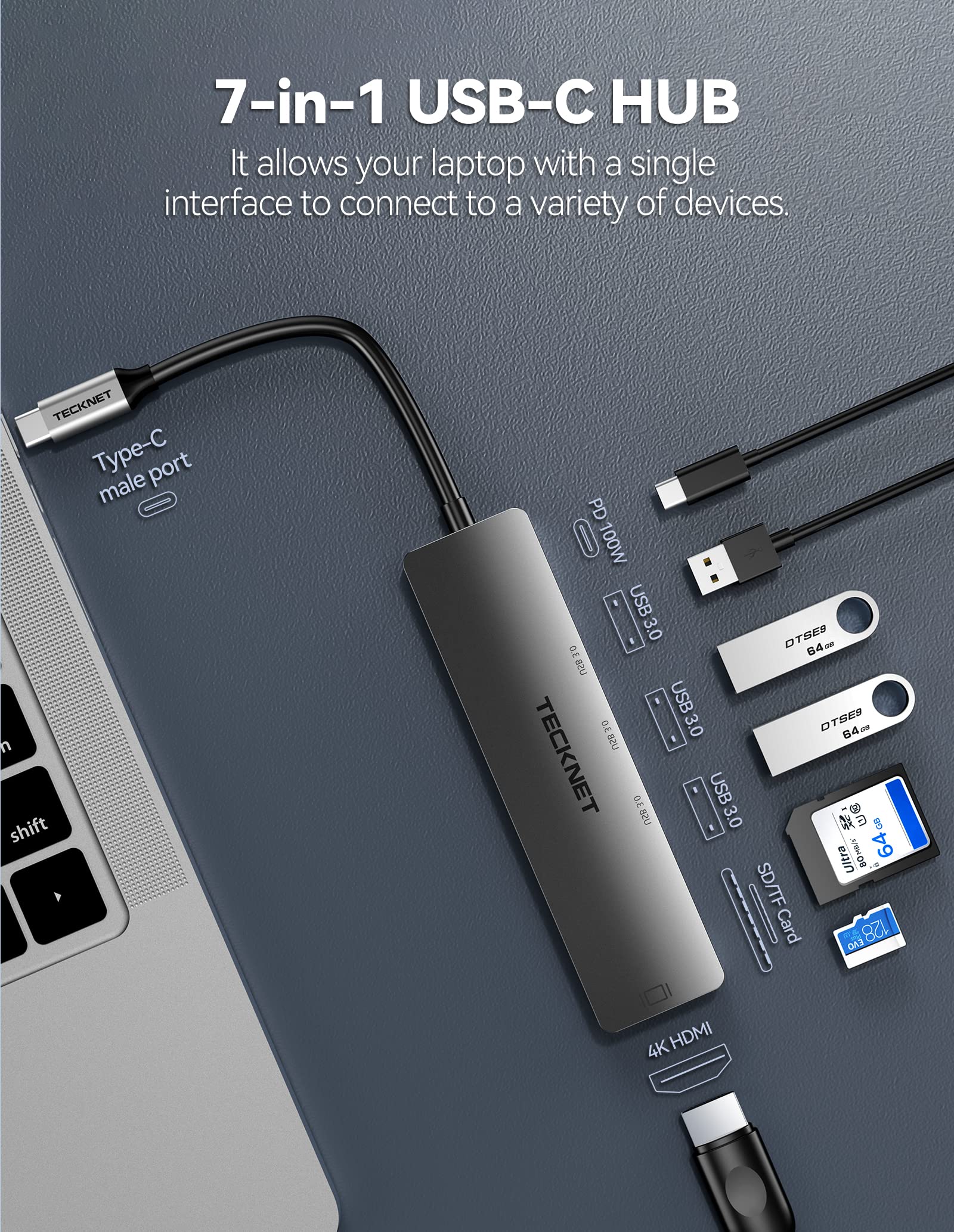 Snapklik.com : TECKNET USB C Hub, 7 In 1 USB C Multiport Adapter