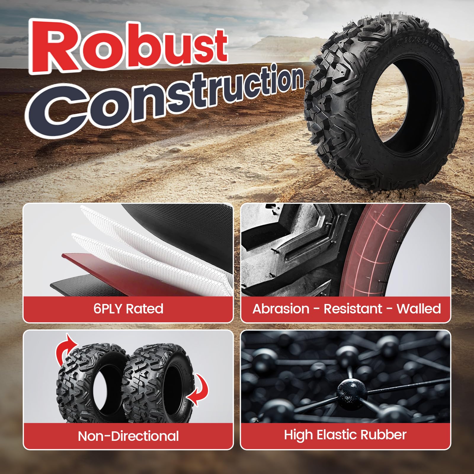 Snapklik.com : PROPARTS Set Of 2 ATV Mud Tires 25x8-12 Front